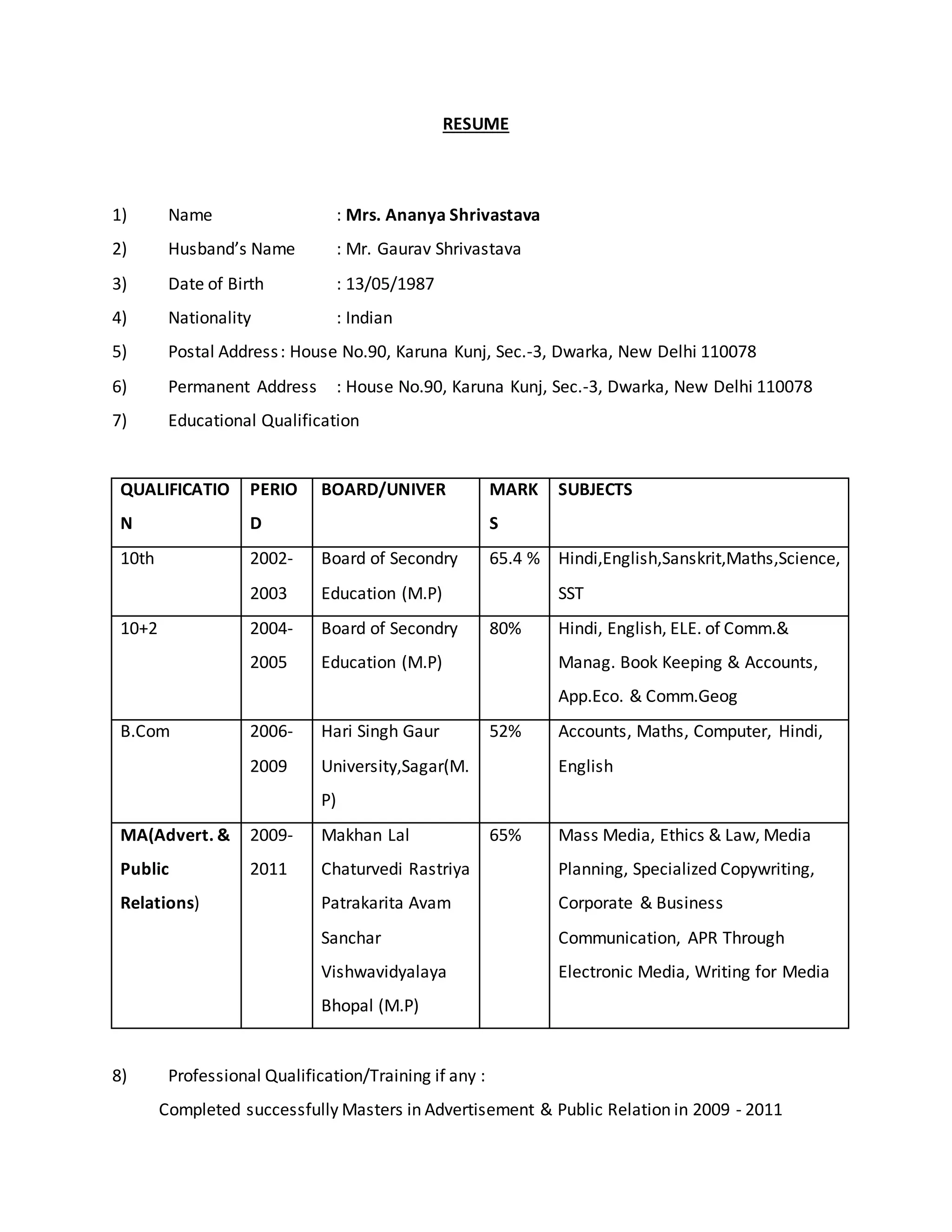 Ananya Resume | DOCX | Resume Writing and Advice | Job Search