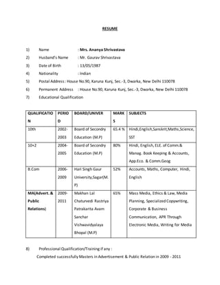 Ananya Resume | DOCX | Resume Writing and Advice | Job Search
