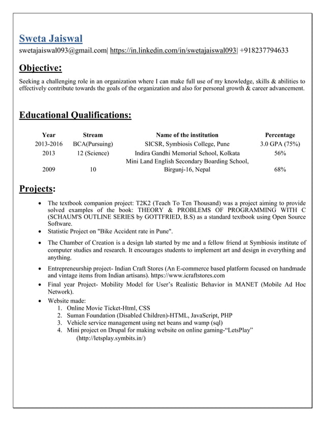 Sweta Jaiswal(Resume) | PDF | Business | Business and Finance