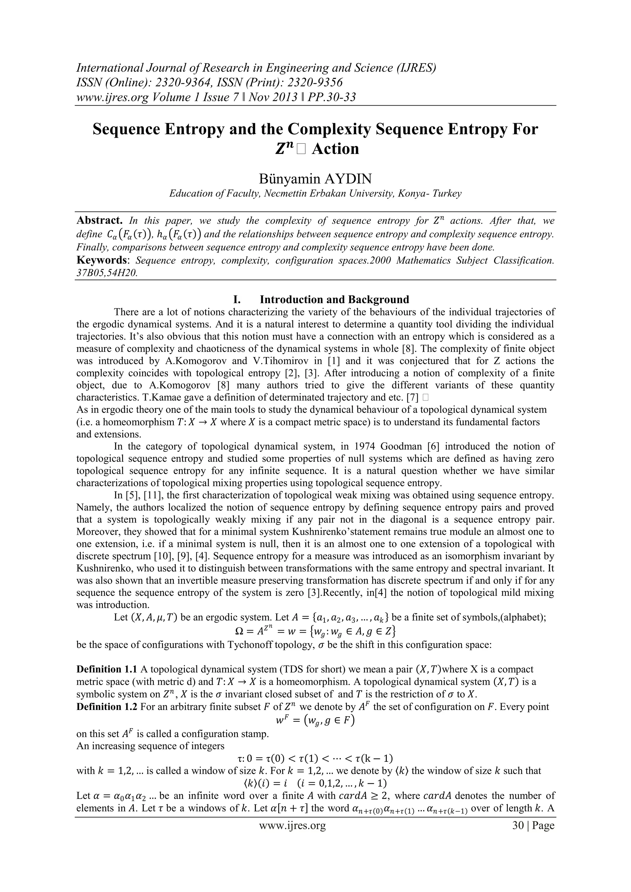 Sequence Entropy and the Complexity Sequence Entropy For 𝒁𝒏 Action | PDF