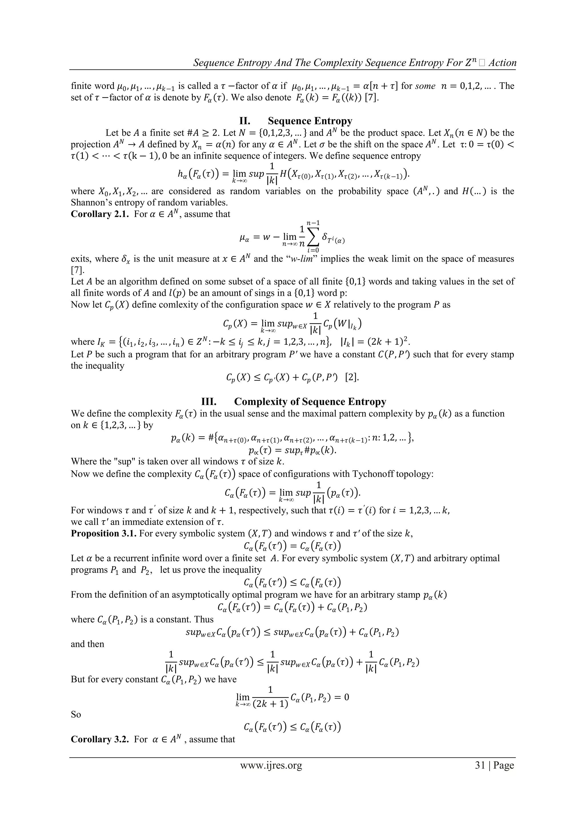 Sequence Entropy and the Complexity Sequence Entropy For 𝒁𝒏 Action | PDF