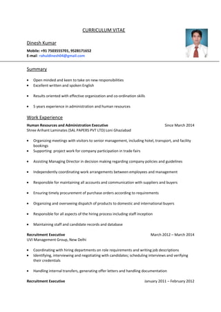DINESH KUMAR - HR & Admin | PDF