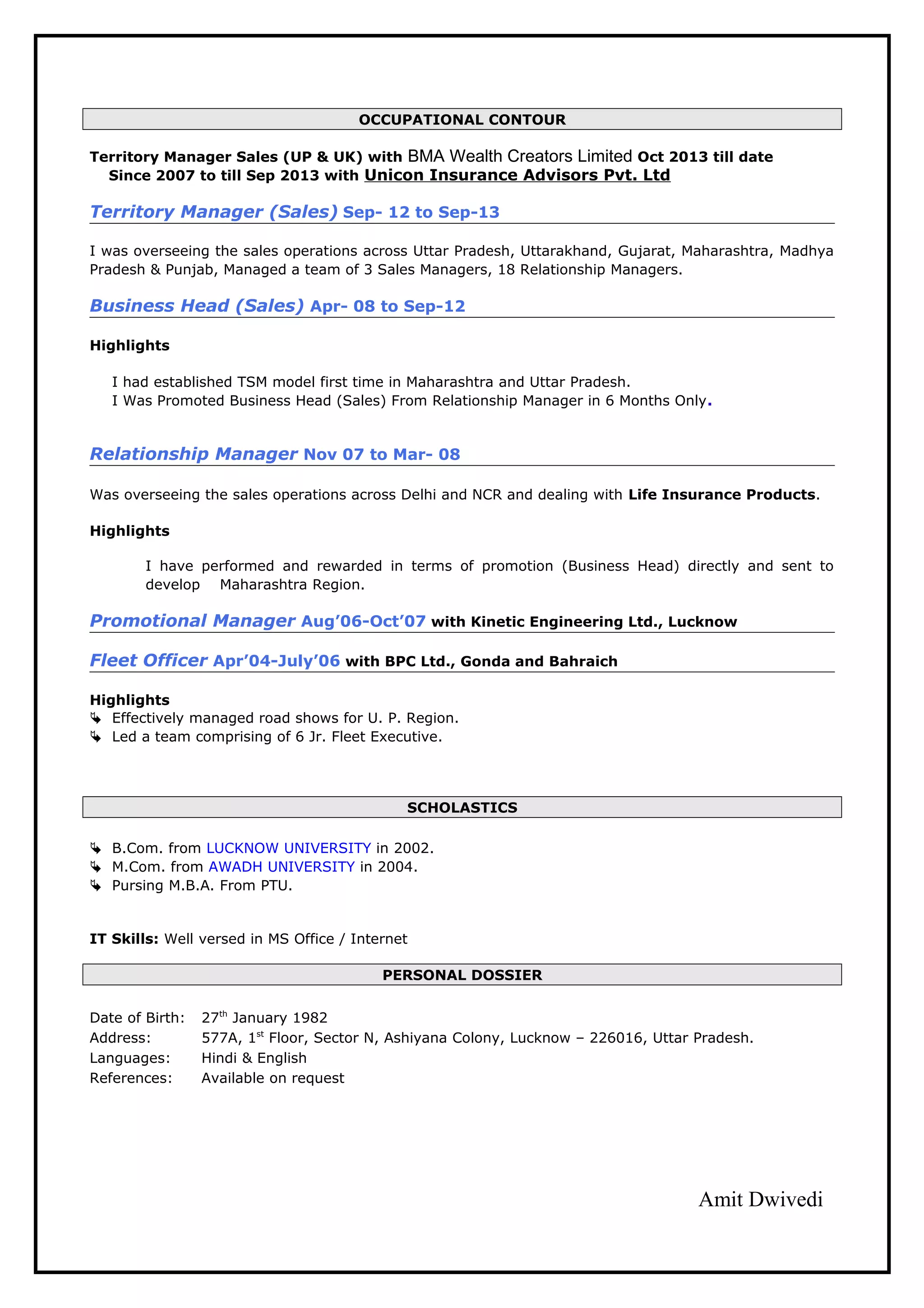 Amit dwivedi resume | DOC | Sales | Business