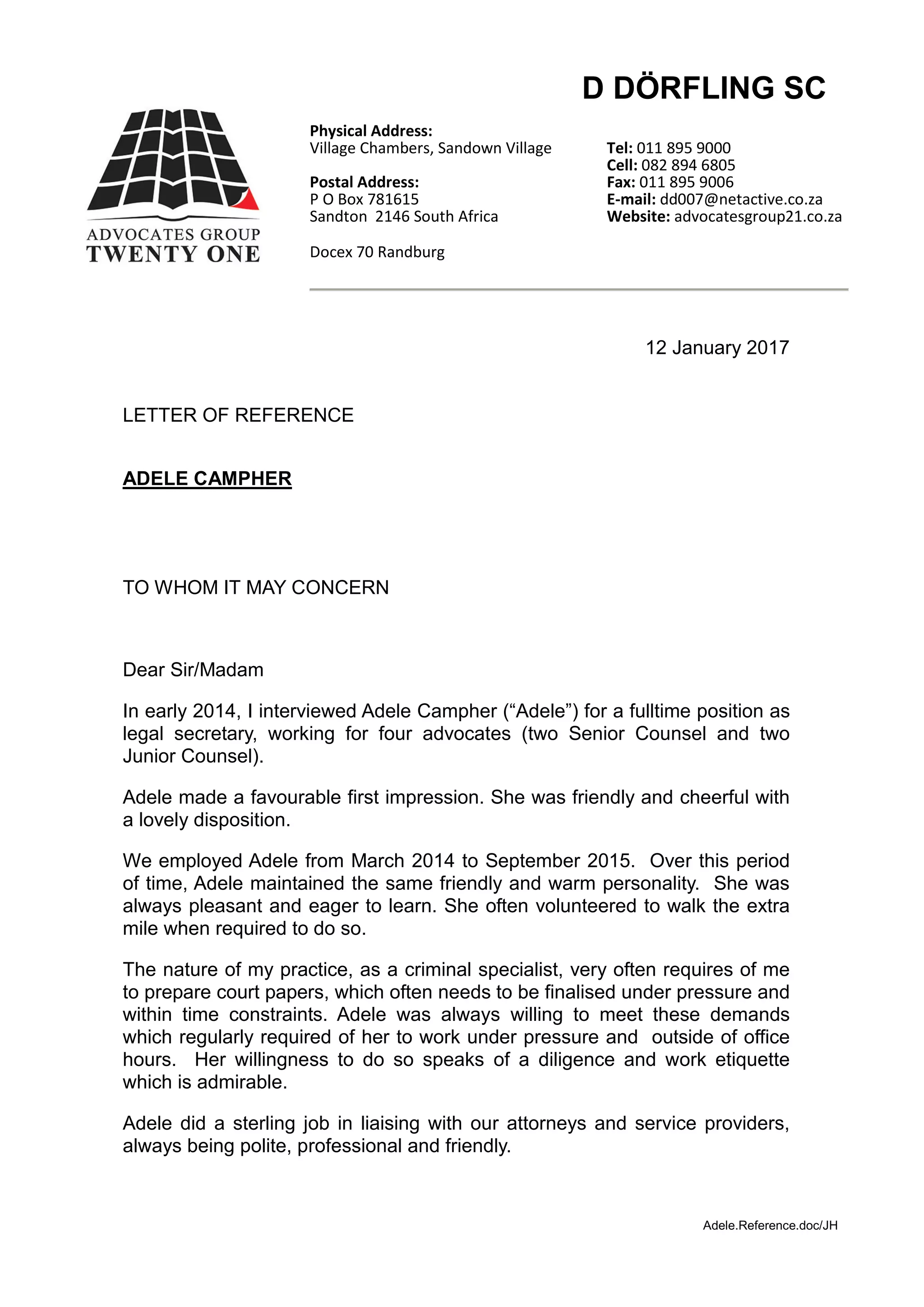 Adv Dorfling SC Reference Letter | PDF
