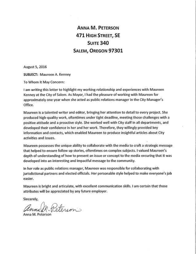 Letter of Reference - Mayor Anna Peterson - Maureen A. Kenney - August ...