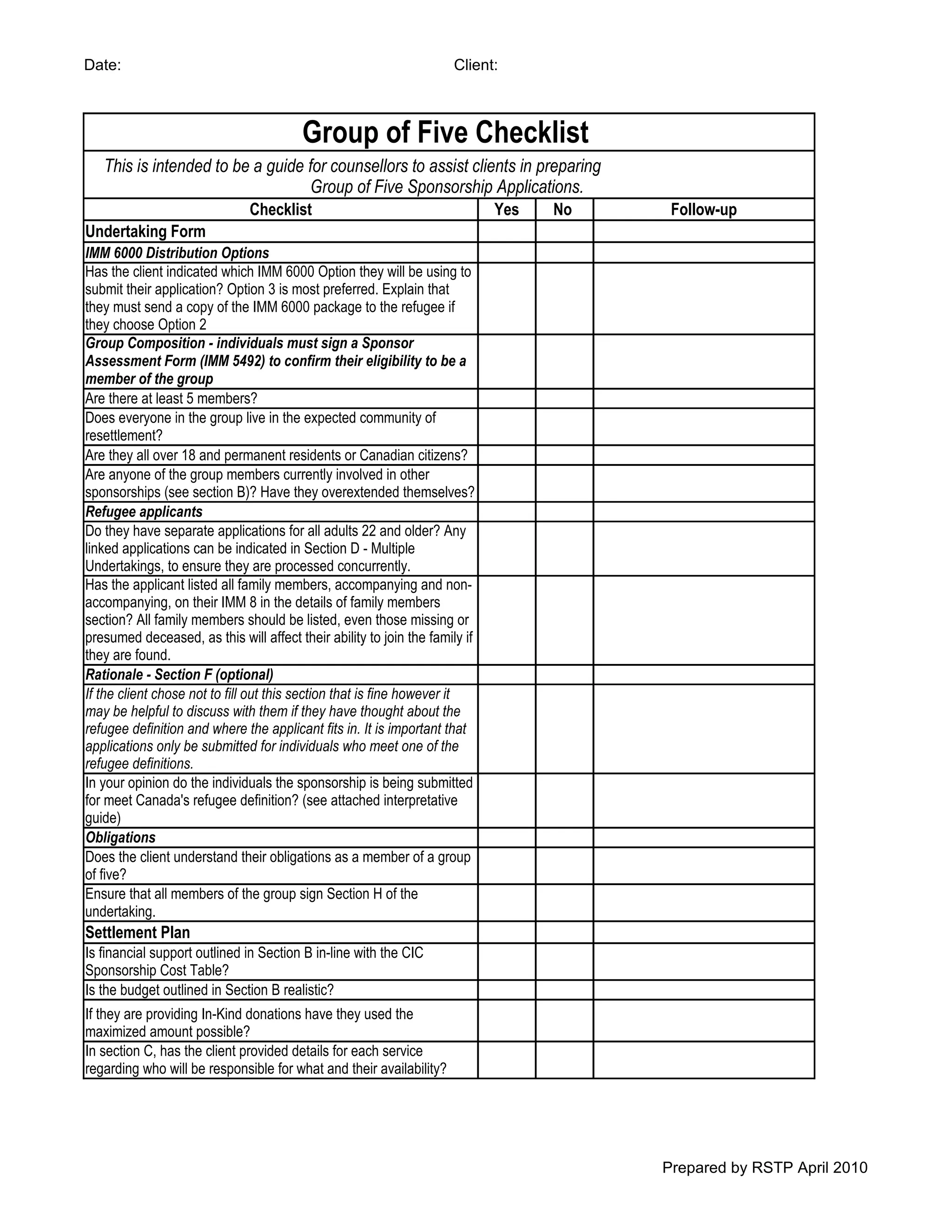 E1 a11 private refugee sponsorship applications_g-5 checklist | XLS