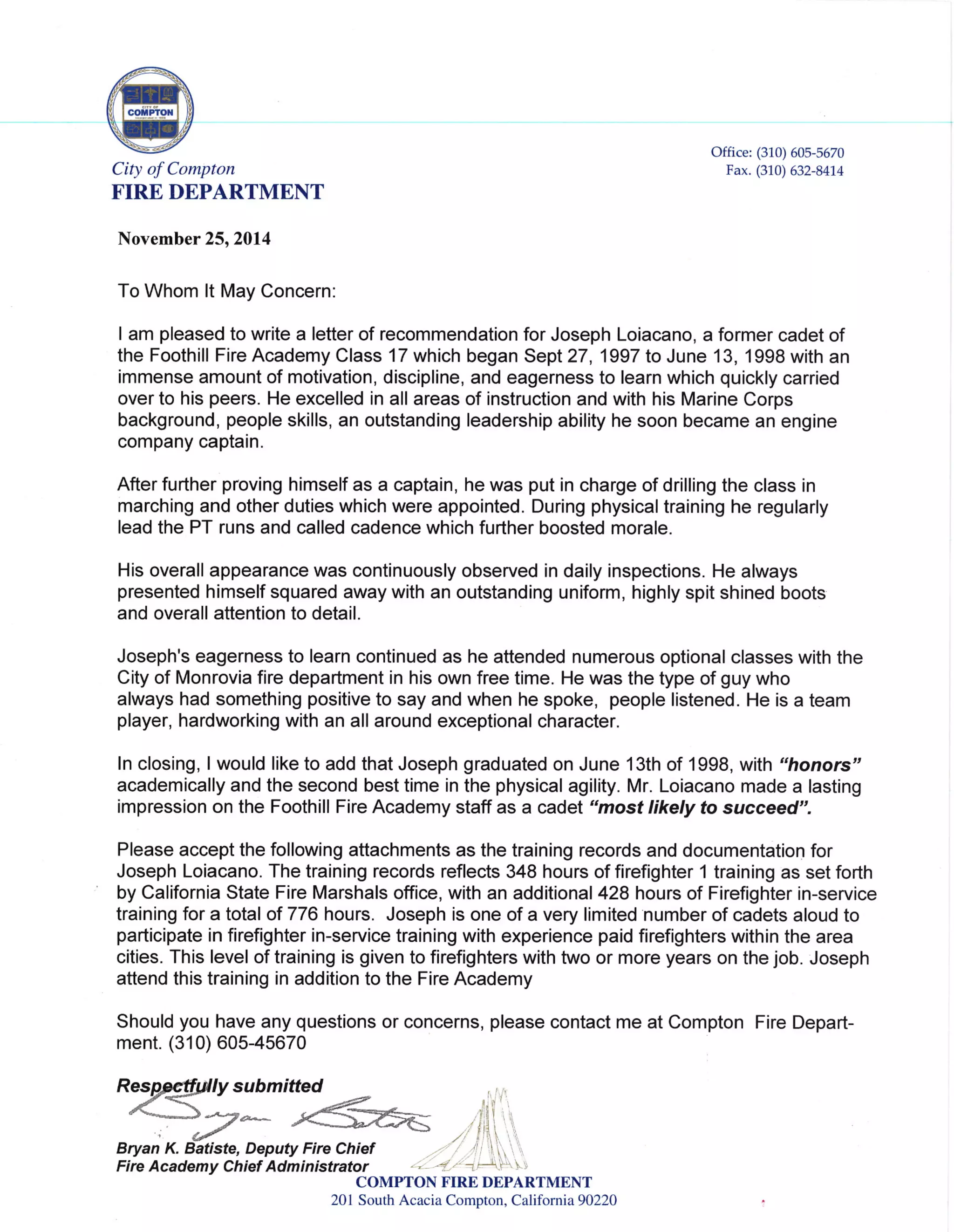 Joe Loiacano Firefighter 1Hours and Letter of Recommendation | PDF