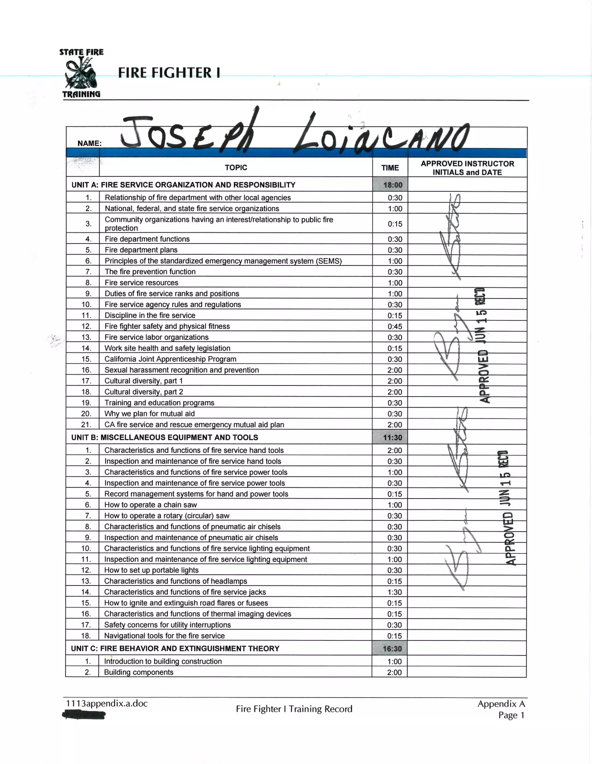 Joe Loiacano Firefighter 1Hours and Letter of Recommendation | PDF