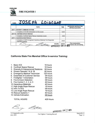 Joe Loiacano Firefighter 1Hours and Letter of Recommendation | PDF