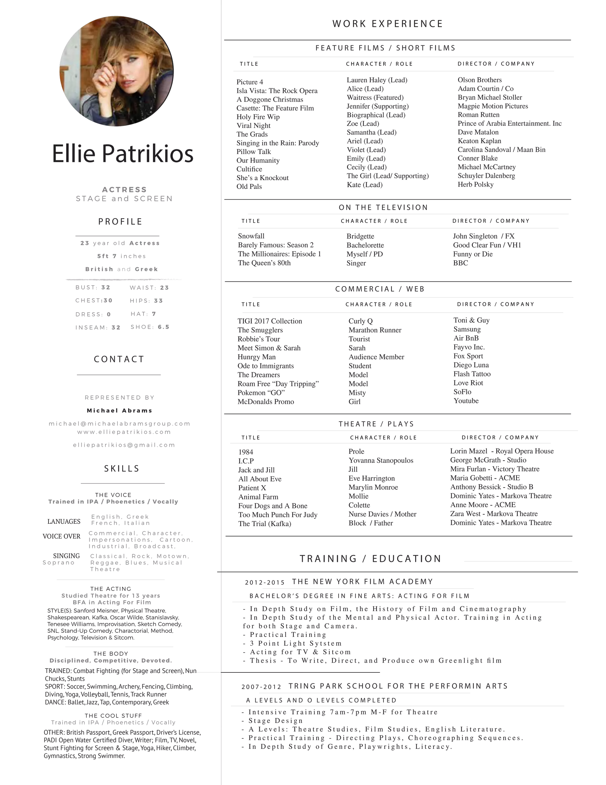 Ellie Vivienne Patrikios Acting Resume | PDF | Movies | Entertainment