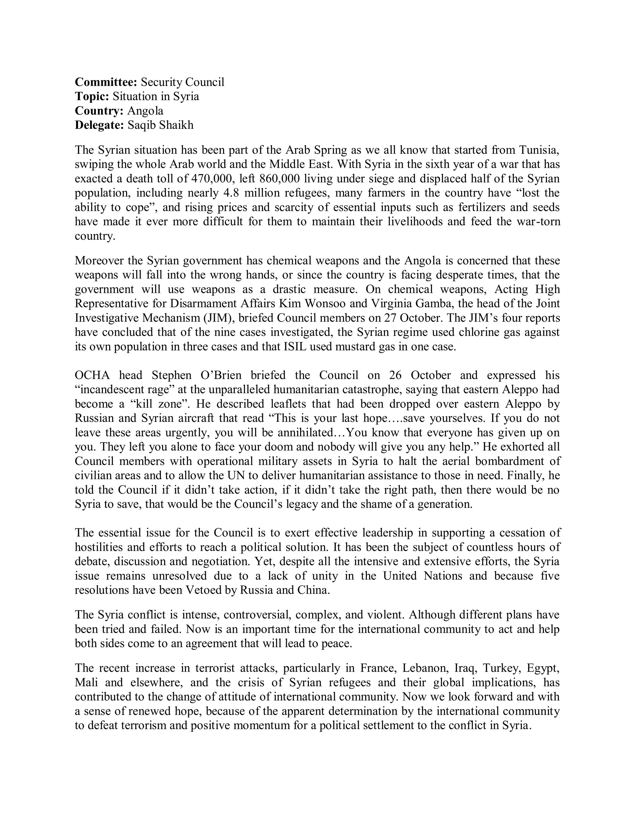 Angola Security Council Position Paper on Syria | PDF