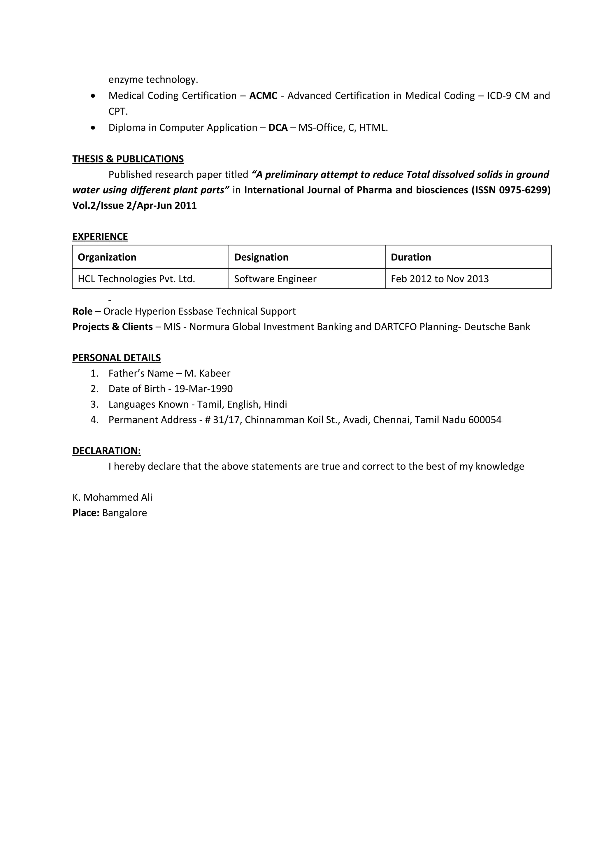 Mohammed Ali - Resume | DOC