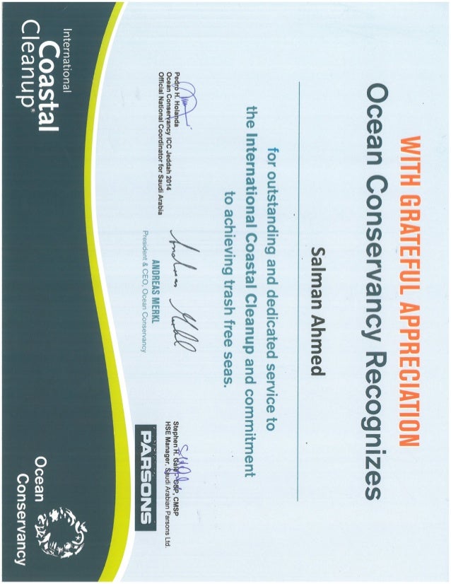 Coastal Cleanup Appreciation Certificate