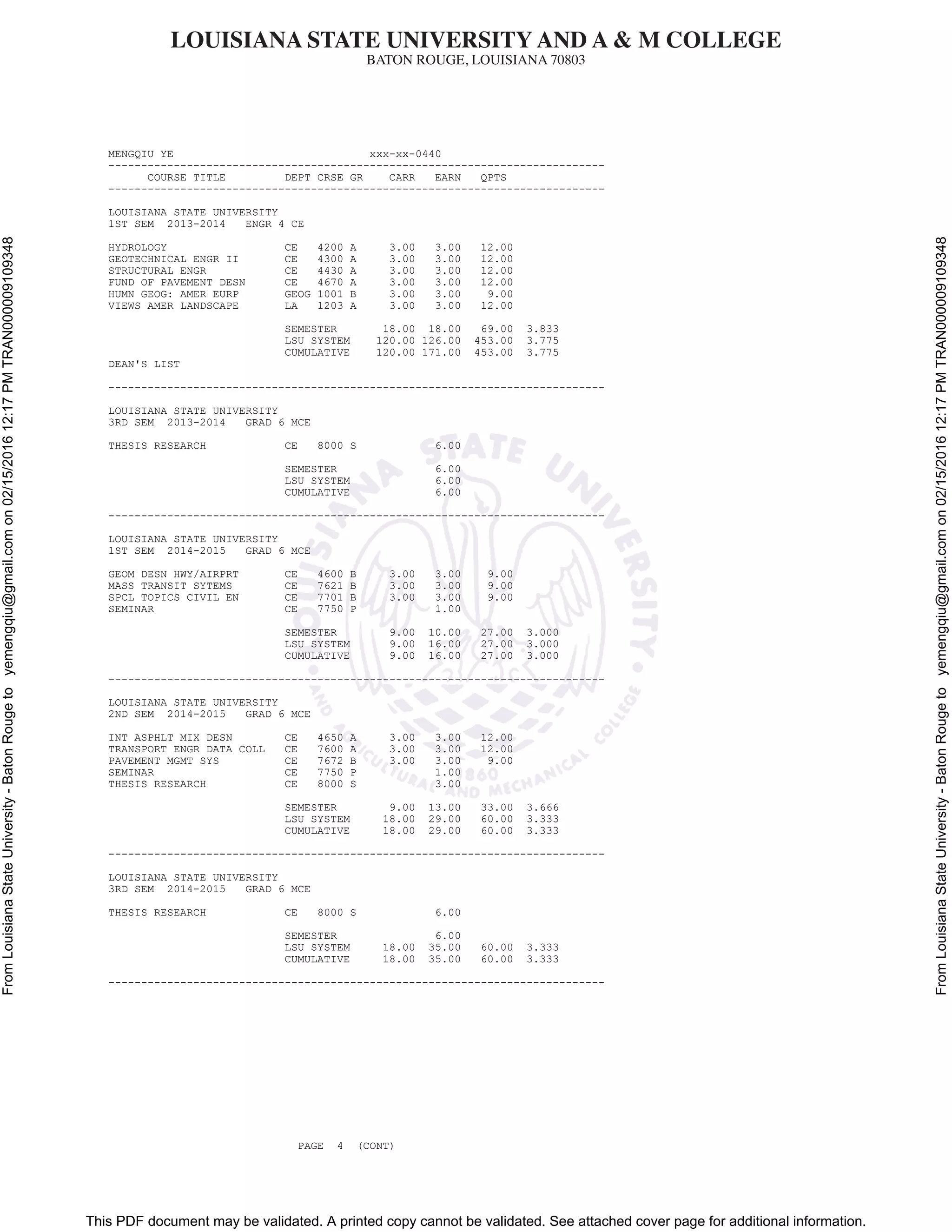 Mengqiu Ye_transcript | PDF | Undergraduate Education | College Education