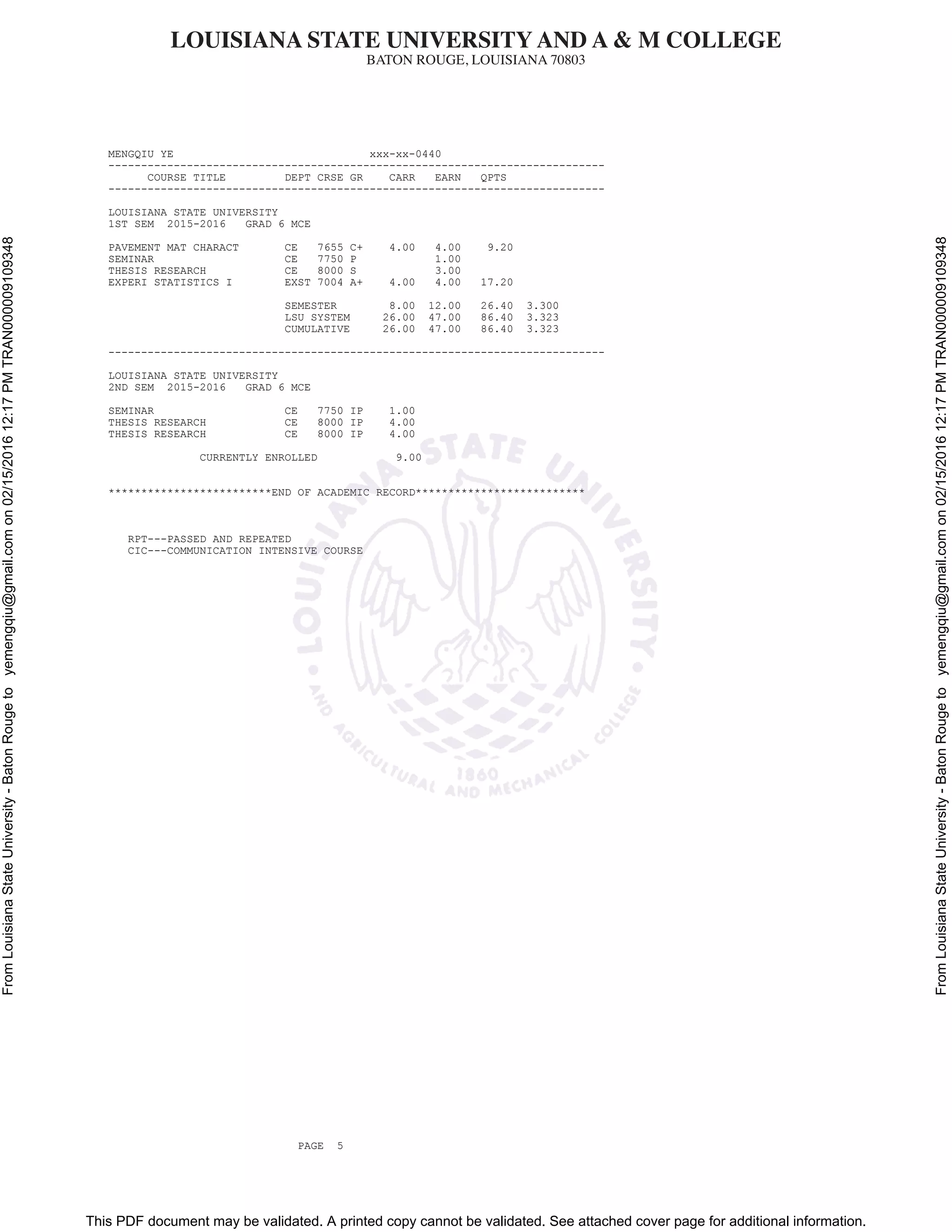 Mengqiu Ye_transcript | PDF | Undergraduate Education | College Education
