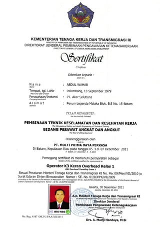 Certificate OPERATOR K3 KERAN OVER HEAD | PDF
