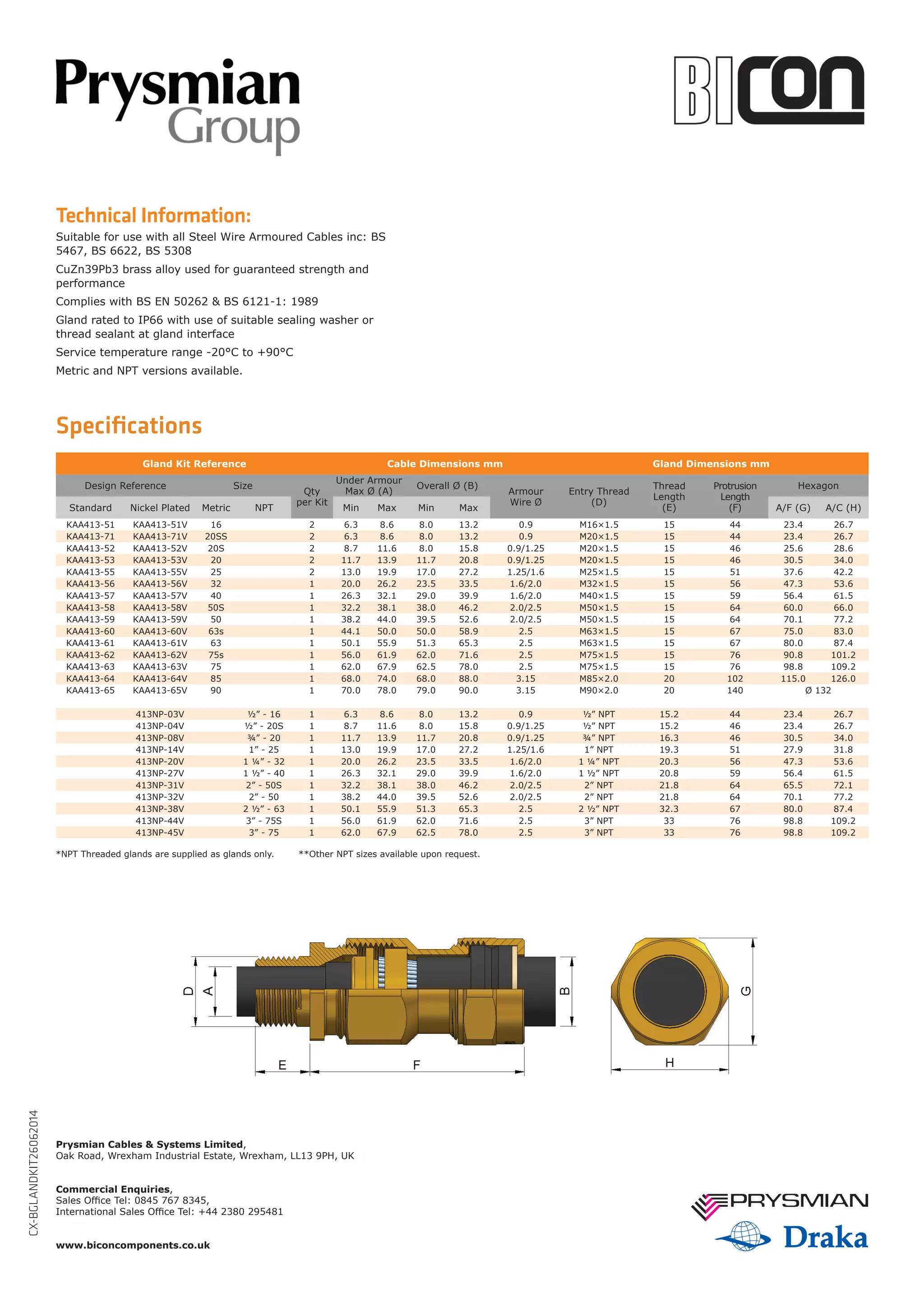 E1W Brass Cable Glands - Prysmian KAA413 BICC BICON | PDF