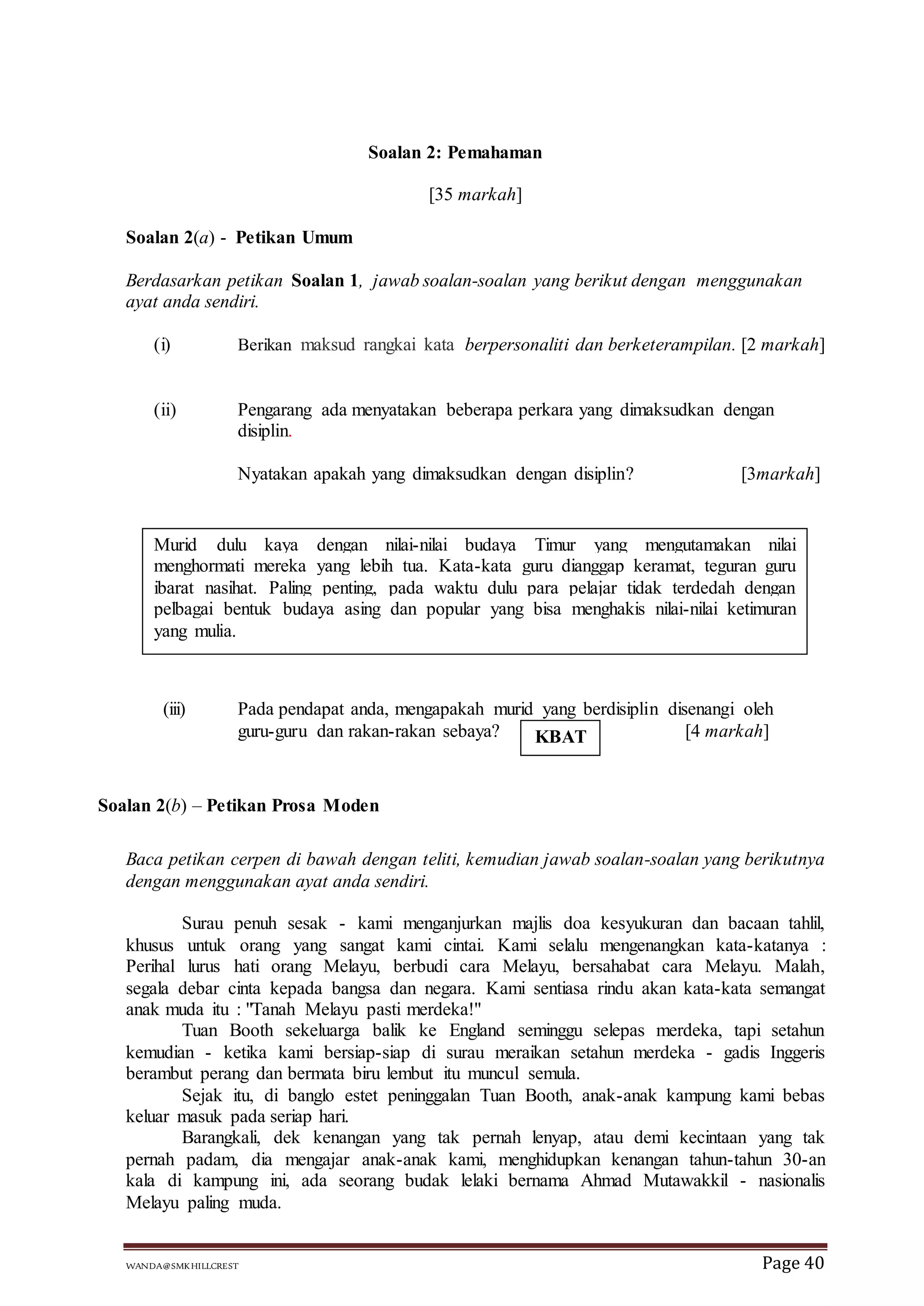 Soalan Peperiksaan Bahasa Melayu Tingkatan 5 kertas 2 | DOCX
