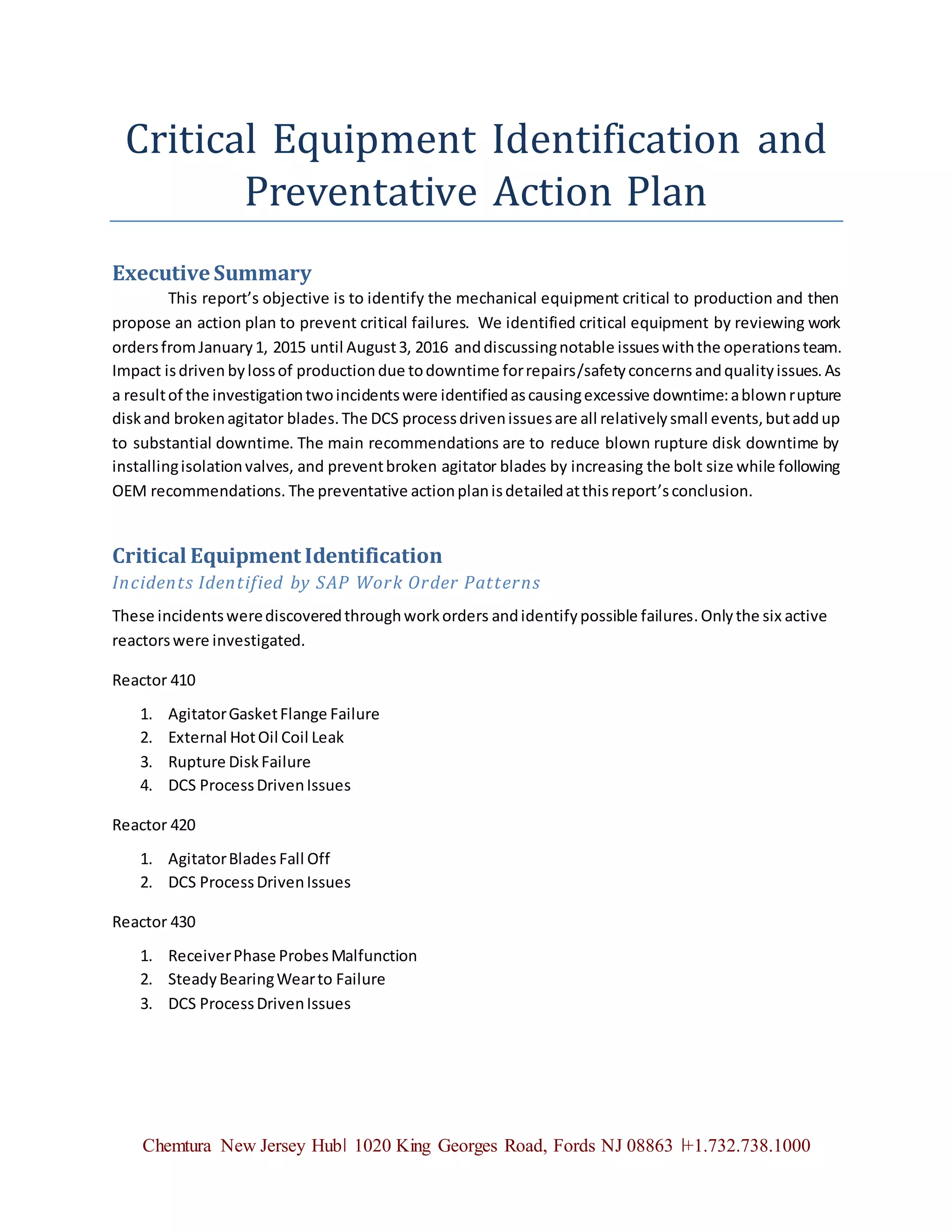 Critical Equipment Identification and Preventative Action Plan | DOCX