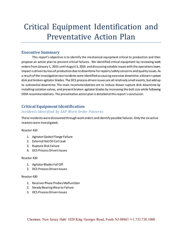Critical Equipment Identification and Preventative Action Plan