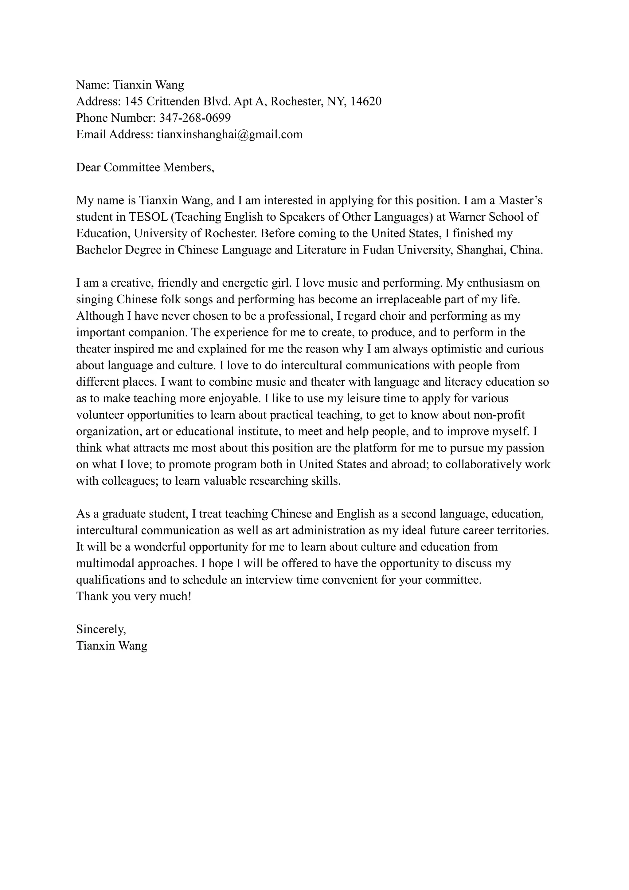 Wang Cover Letter 2 | PDF | Education