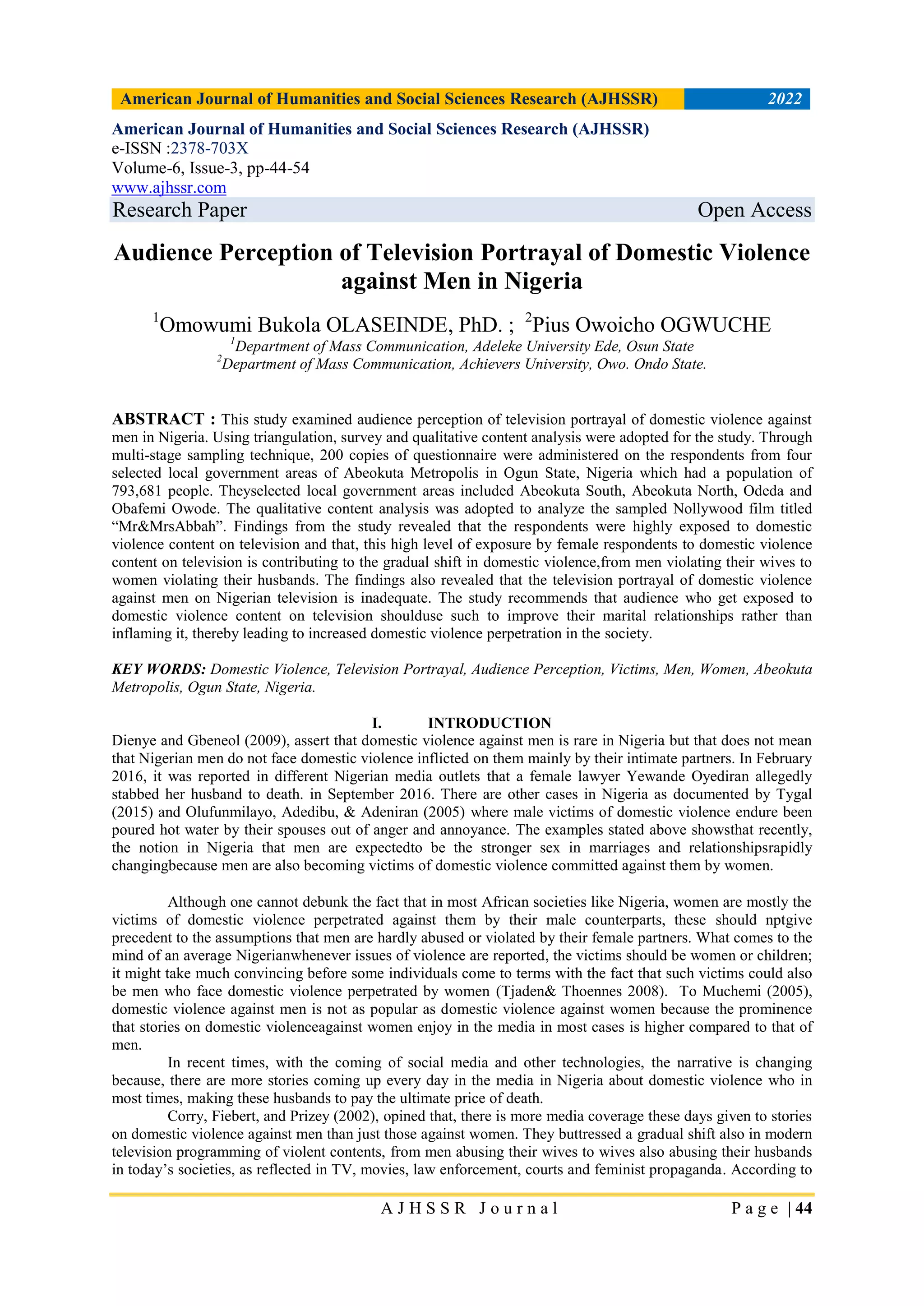 Audience Perception of Television Portrayal of Domestic Violence ...