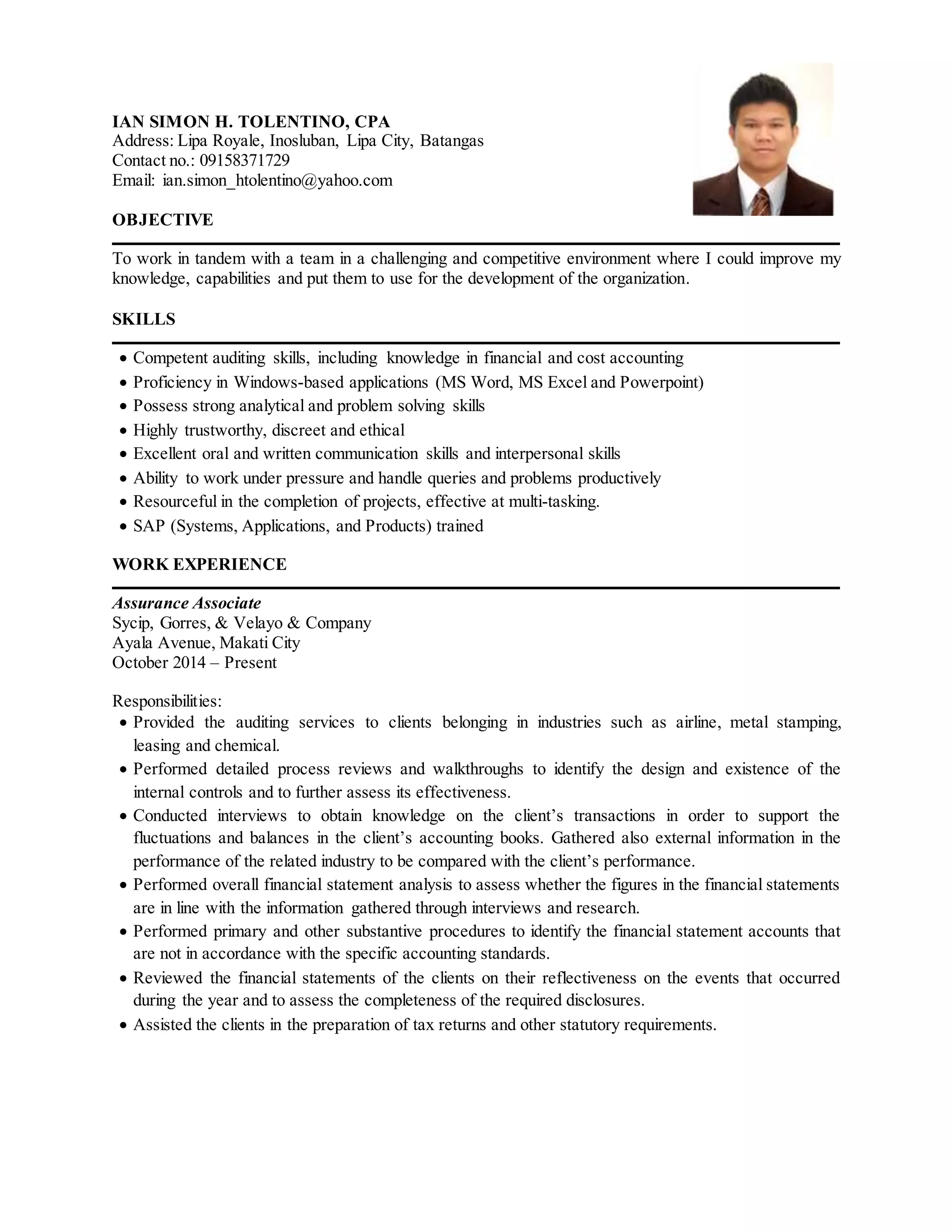 Ian Simon Tolentino Resume | DOCX | Business Accounting & Finance | Business