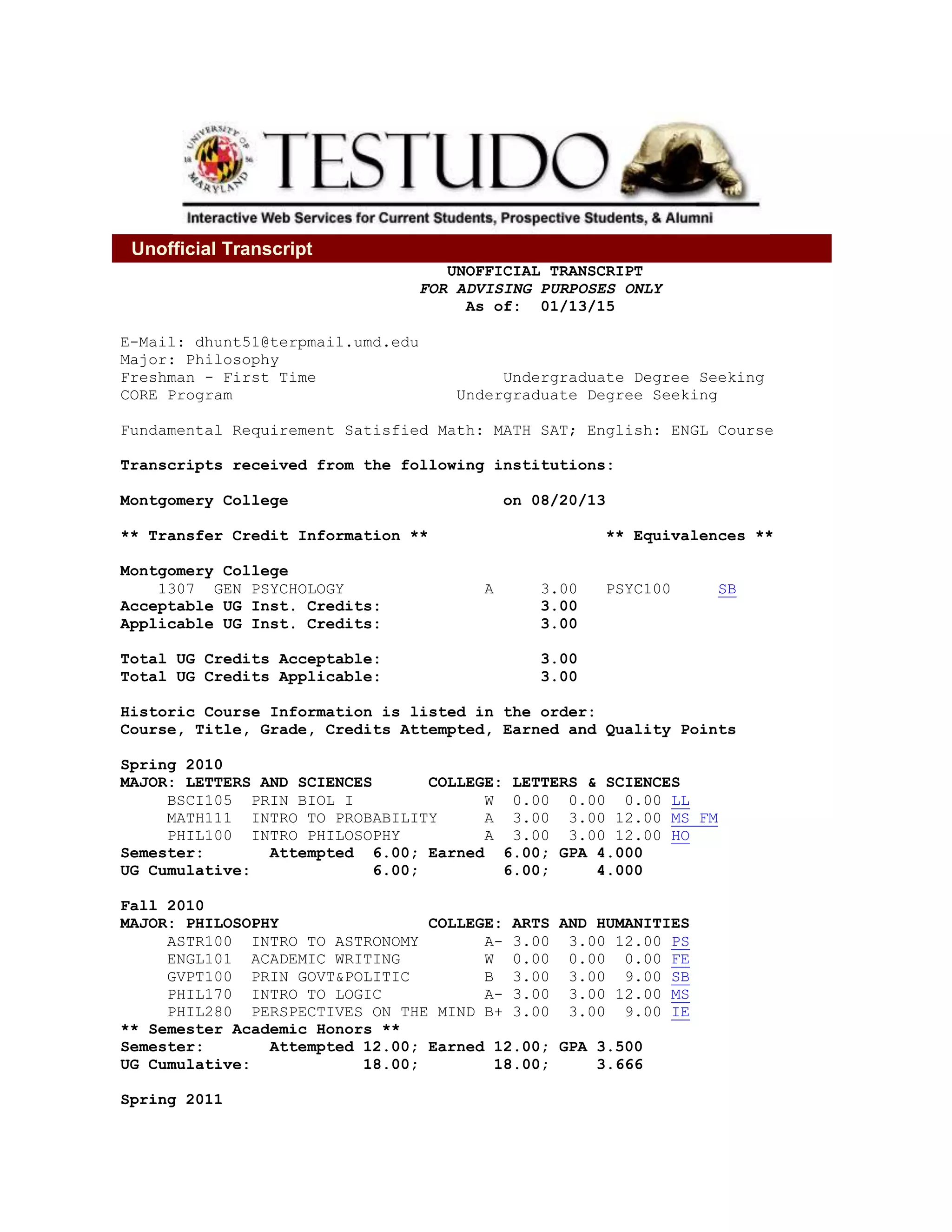 David Hunt Final Unofficial Transcript | PDF