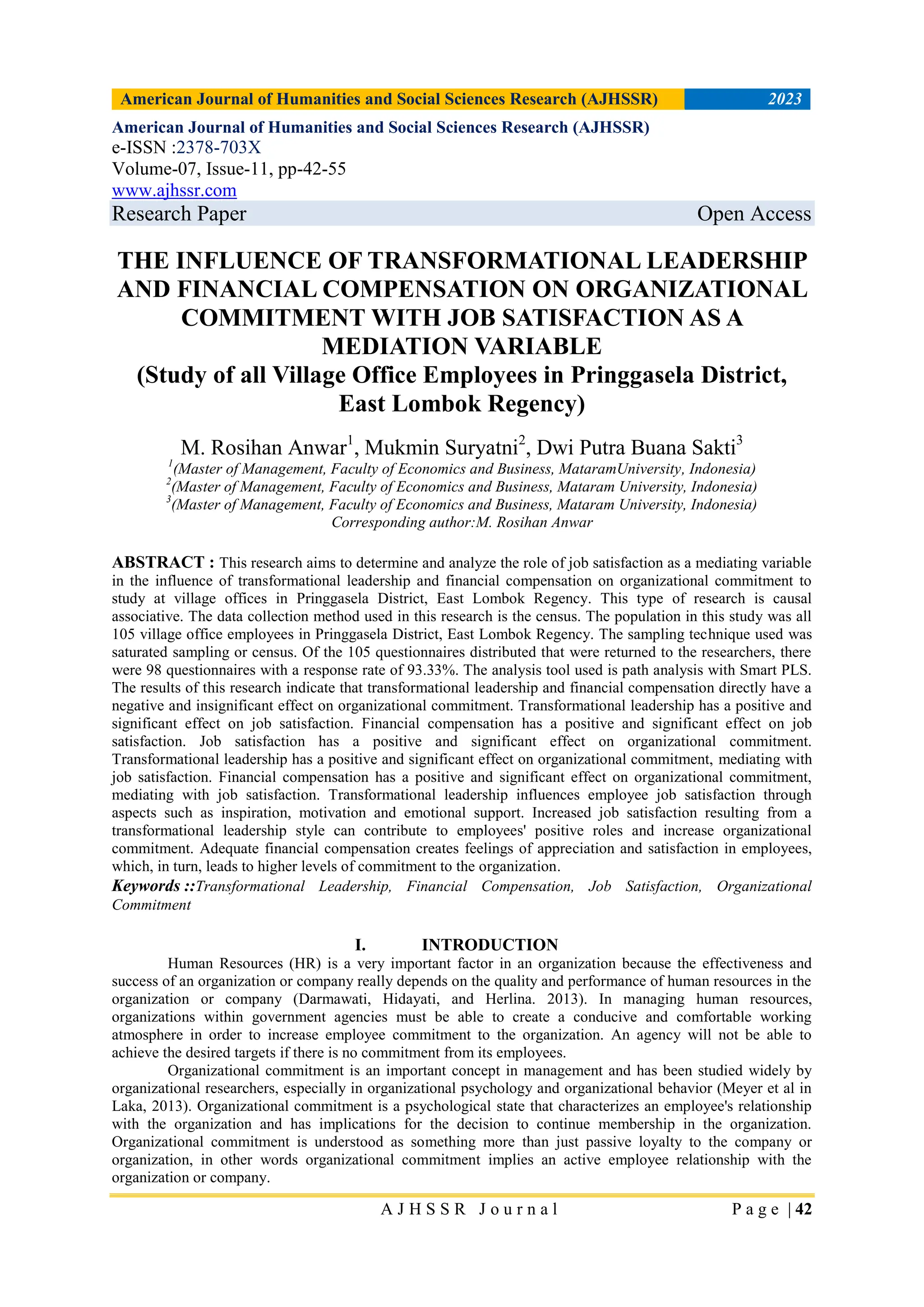 THE INFLUENCE OF TRANSFORMATIONAL LEADERSHIP AND FINANCIAL COMPENSATION ON ORGANIZATIONAL ...