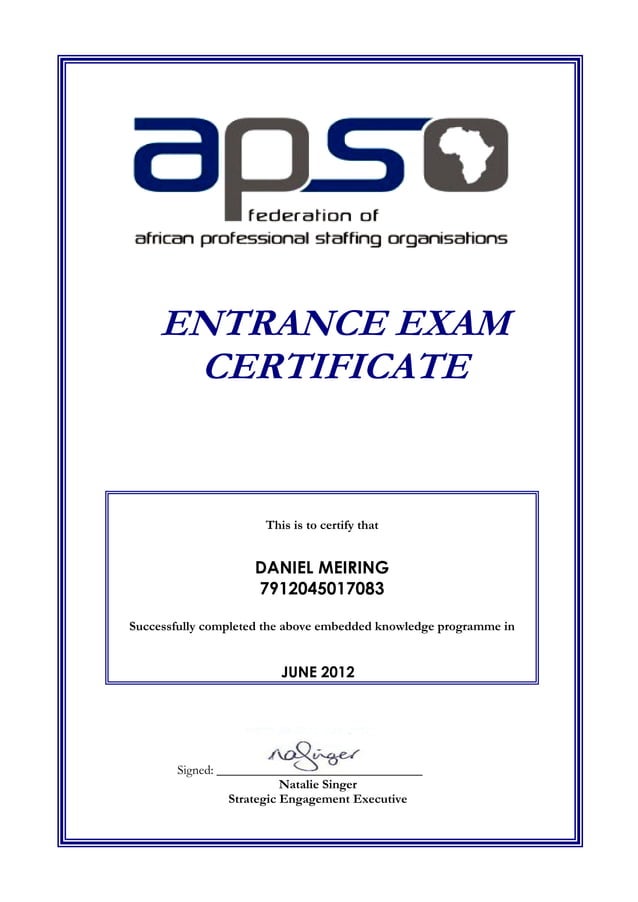 APSO Entrance Exam Certificate | PDF