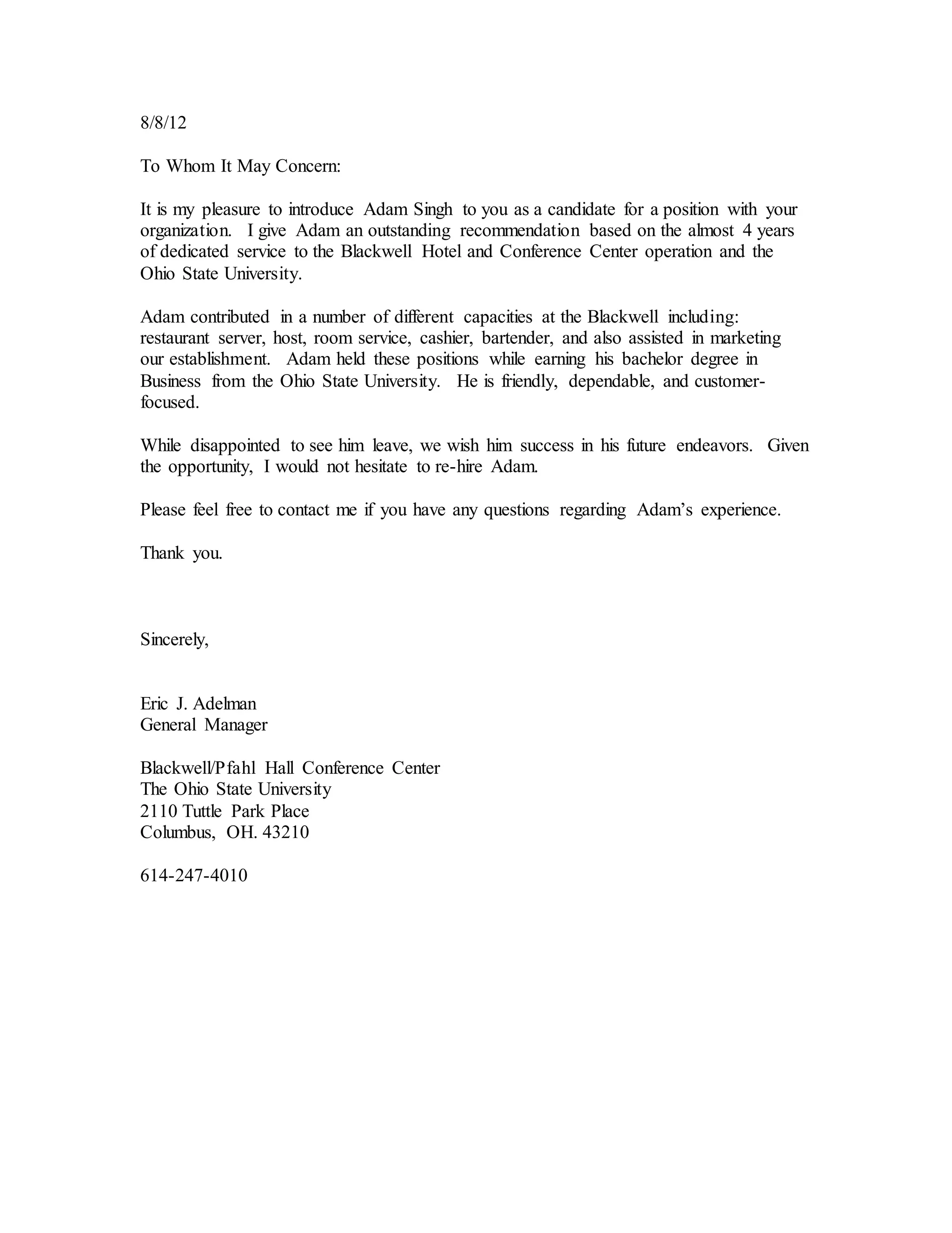 Letter of Recommendation Adam Singh | DOCX