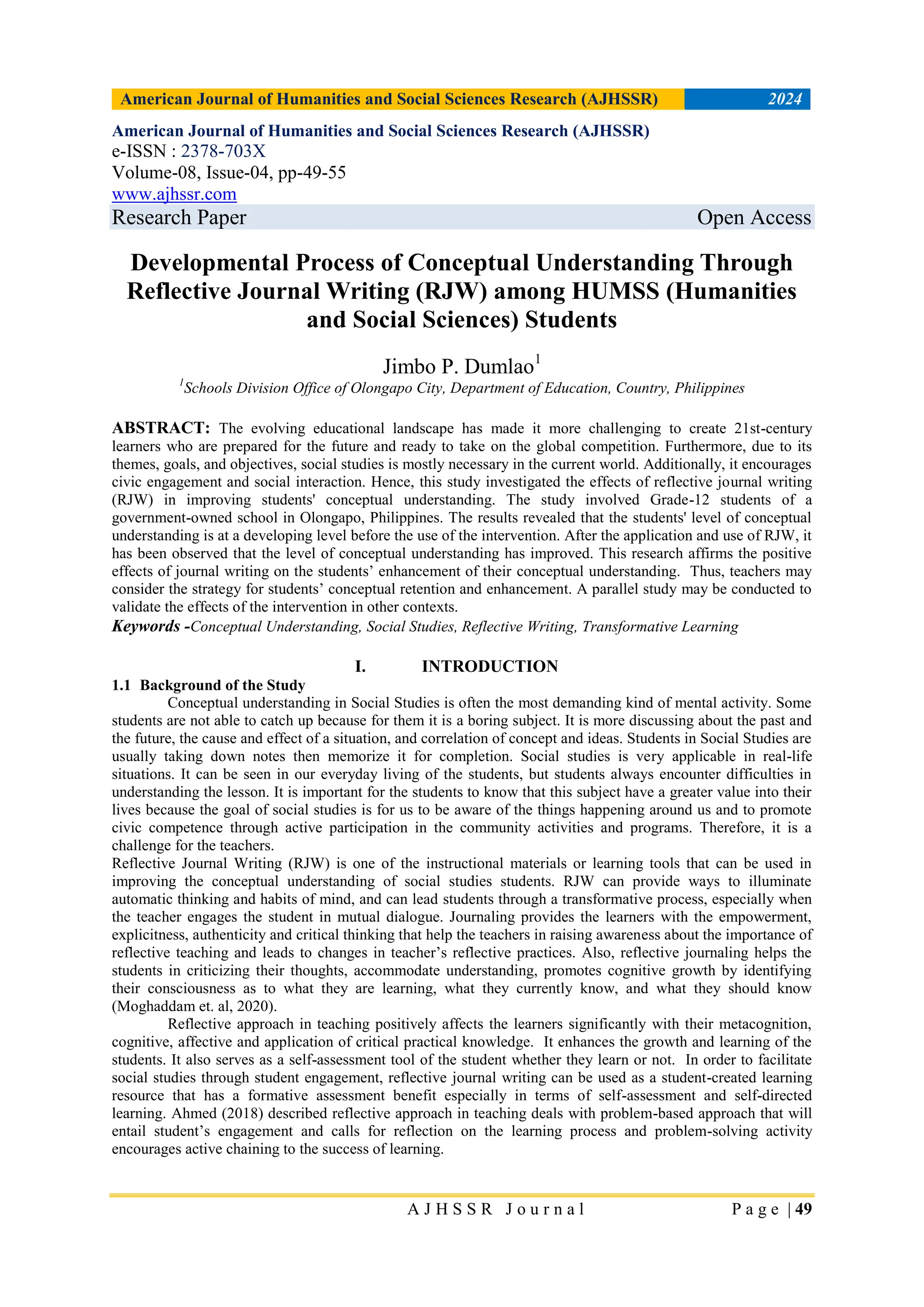 Developmental Process of Conceptual Understanding Through Reflective ...