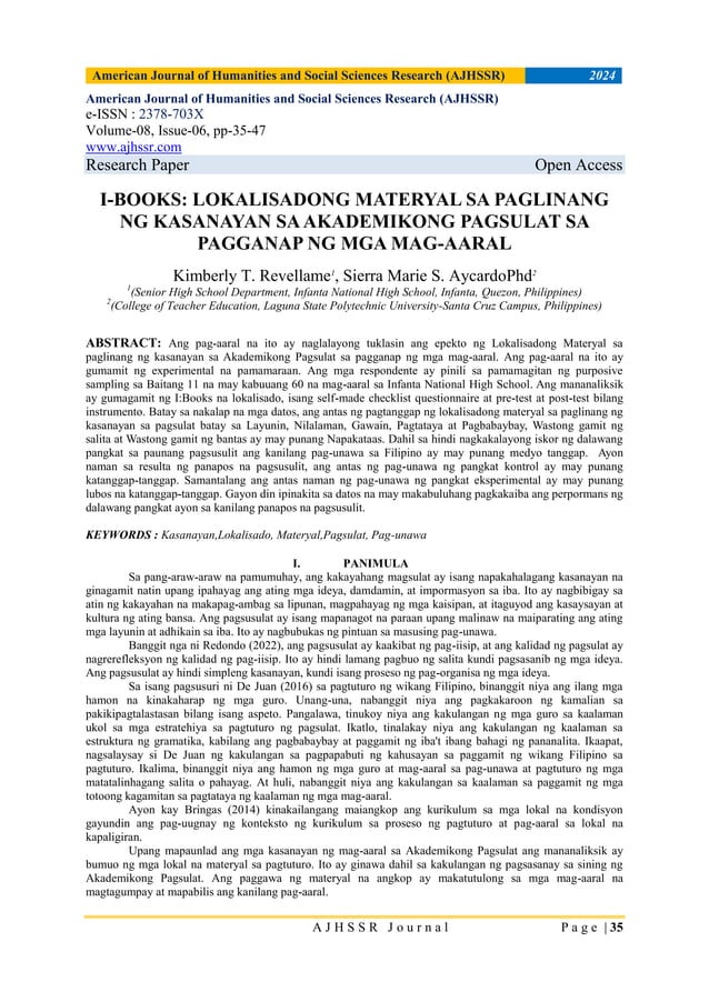 I-BOOKS: LOKALISADONG MATERYAL SA PAGLINANG NG KASANAYAN SA AKADEMIKONG PAGSULAT SA PAGGANAP NG ...