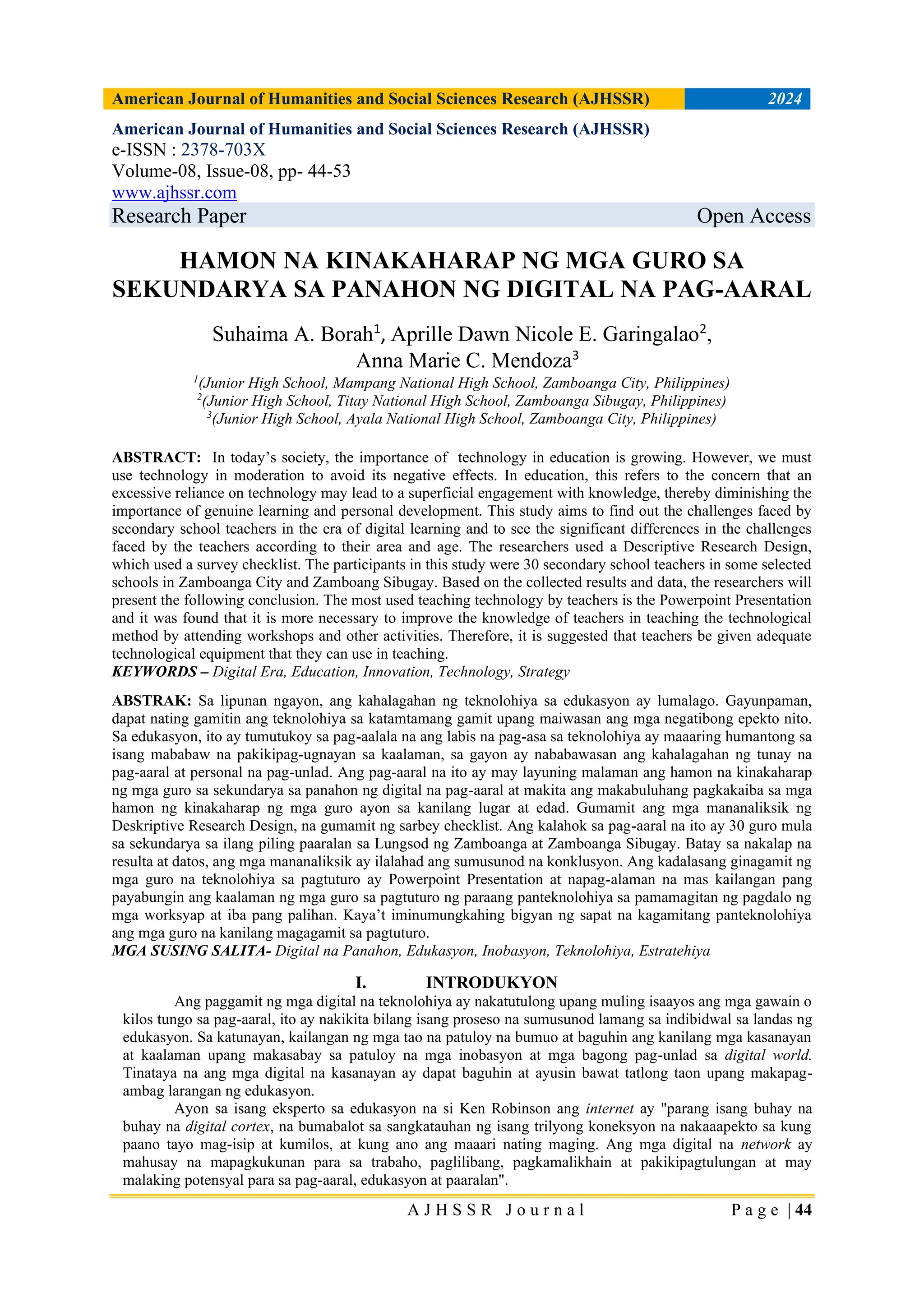 HAMON NA KINAKAHARAP NG MGA GURO SA SEKUNDARYA SA PANAHON NG DIGITAL NA PAG-AARAL | PDF