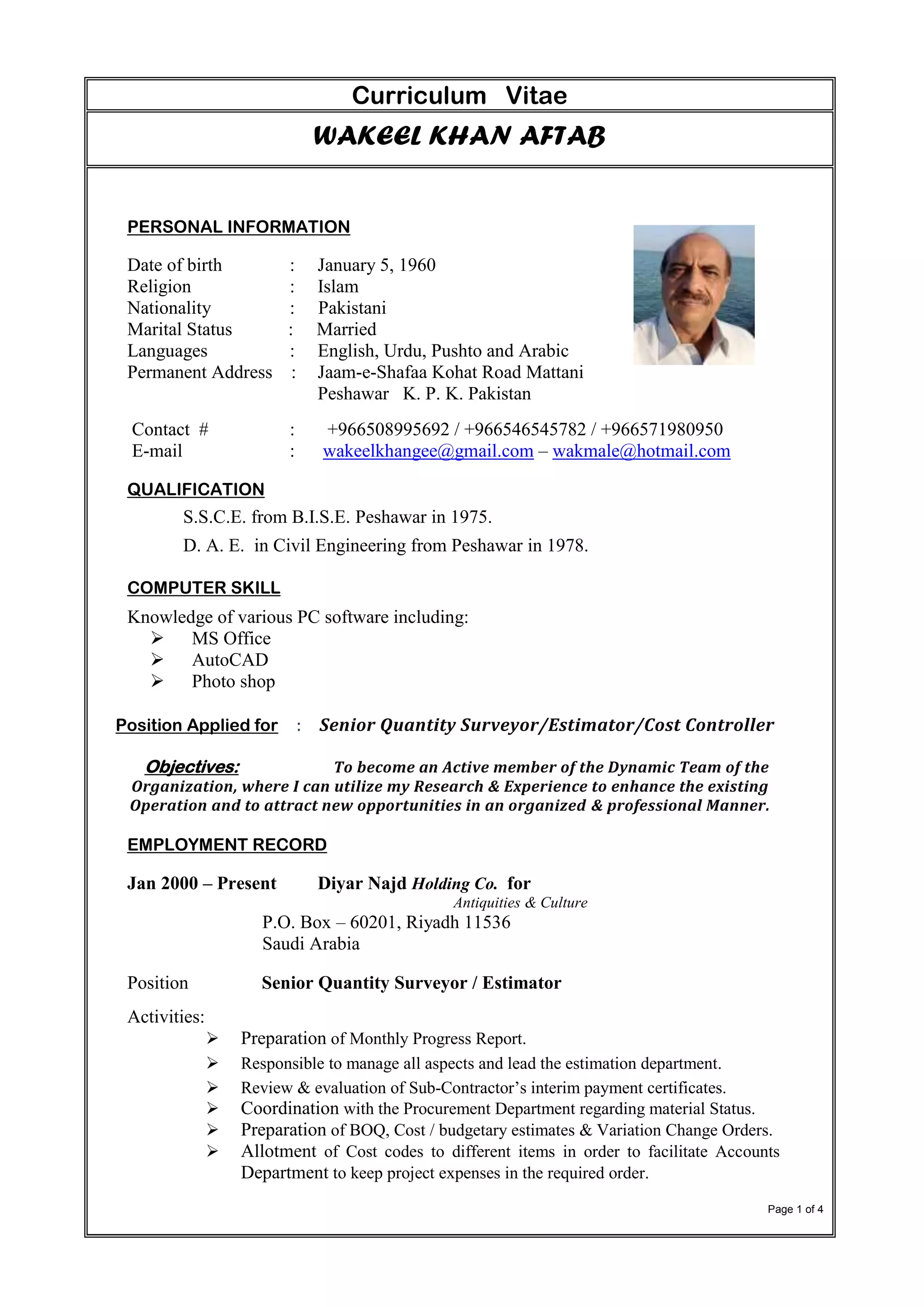 Wakeel Khan Aftab-CV | PDF | Civil Engineering Industry | Industries