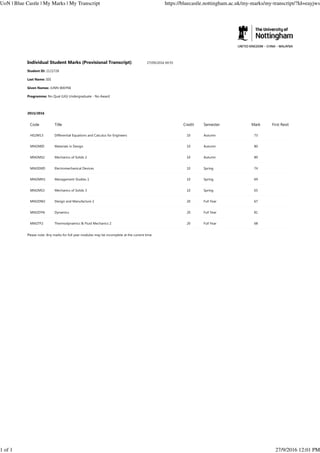 UoN _ Blue Castle _ My Marks _ My Transcript | PDF