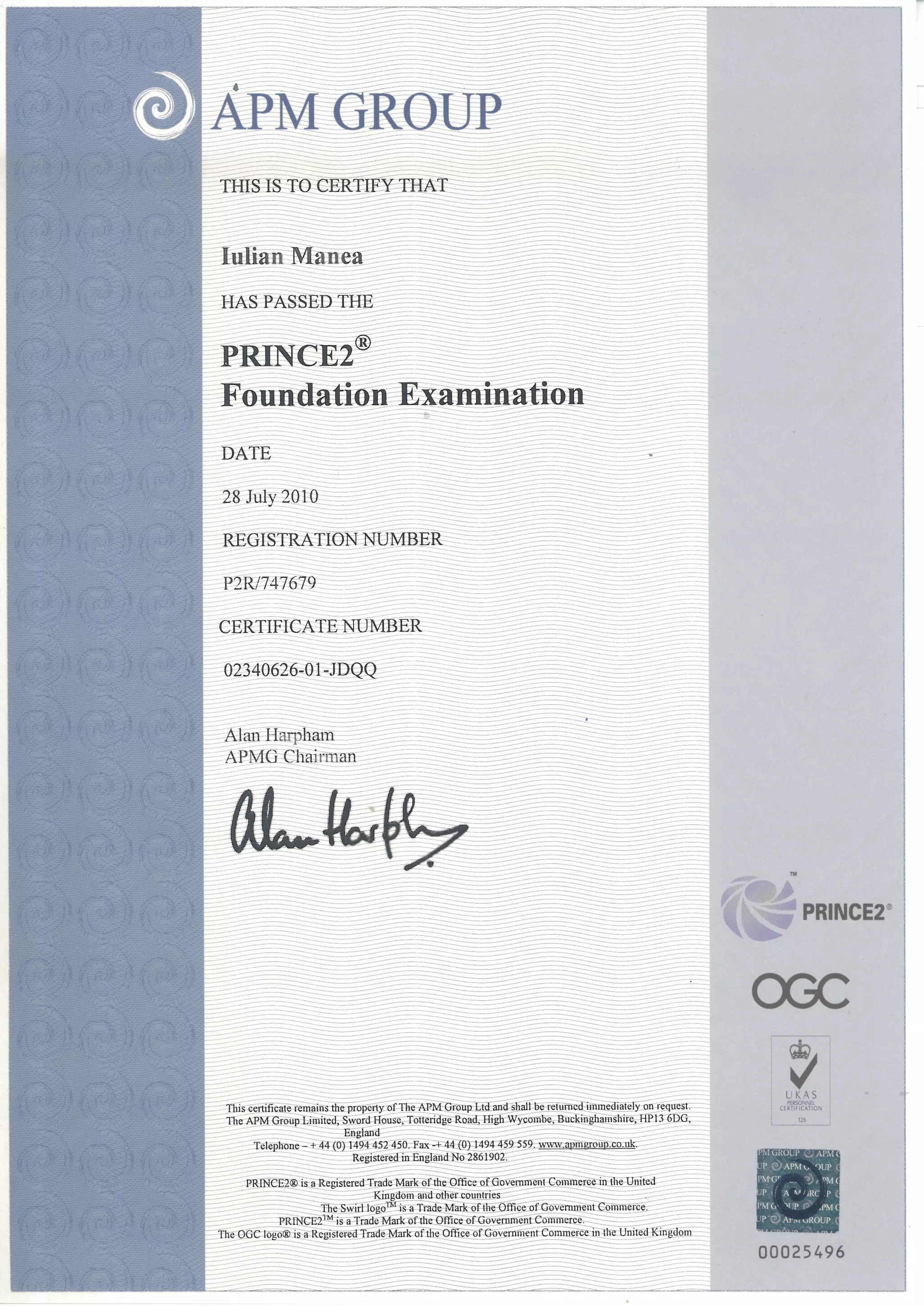 Certificate Prince2 Iulian Manea | PDF