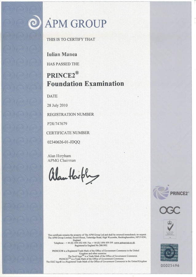 Certificate Prince2 Iulian Manea | PDF