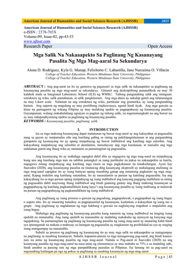 Mga Salik Na Nakaaapekto Sa Paglinang Ng Kasanayang Pasalita Ng Mga Mag-aaral Sa Sekundarya | PDF