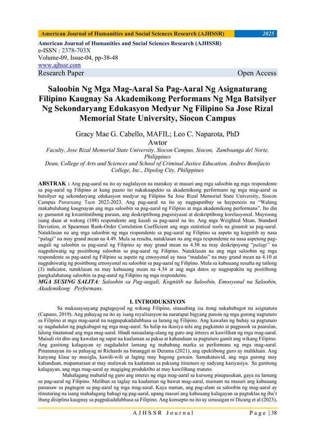 Saloobin Ng Mga Mag-Aaral Sa Pag-Aaral Ng Asignaturang Filipino Kaugnay Sa Akademikong ...
