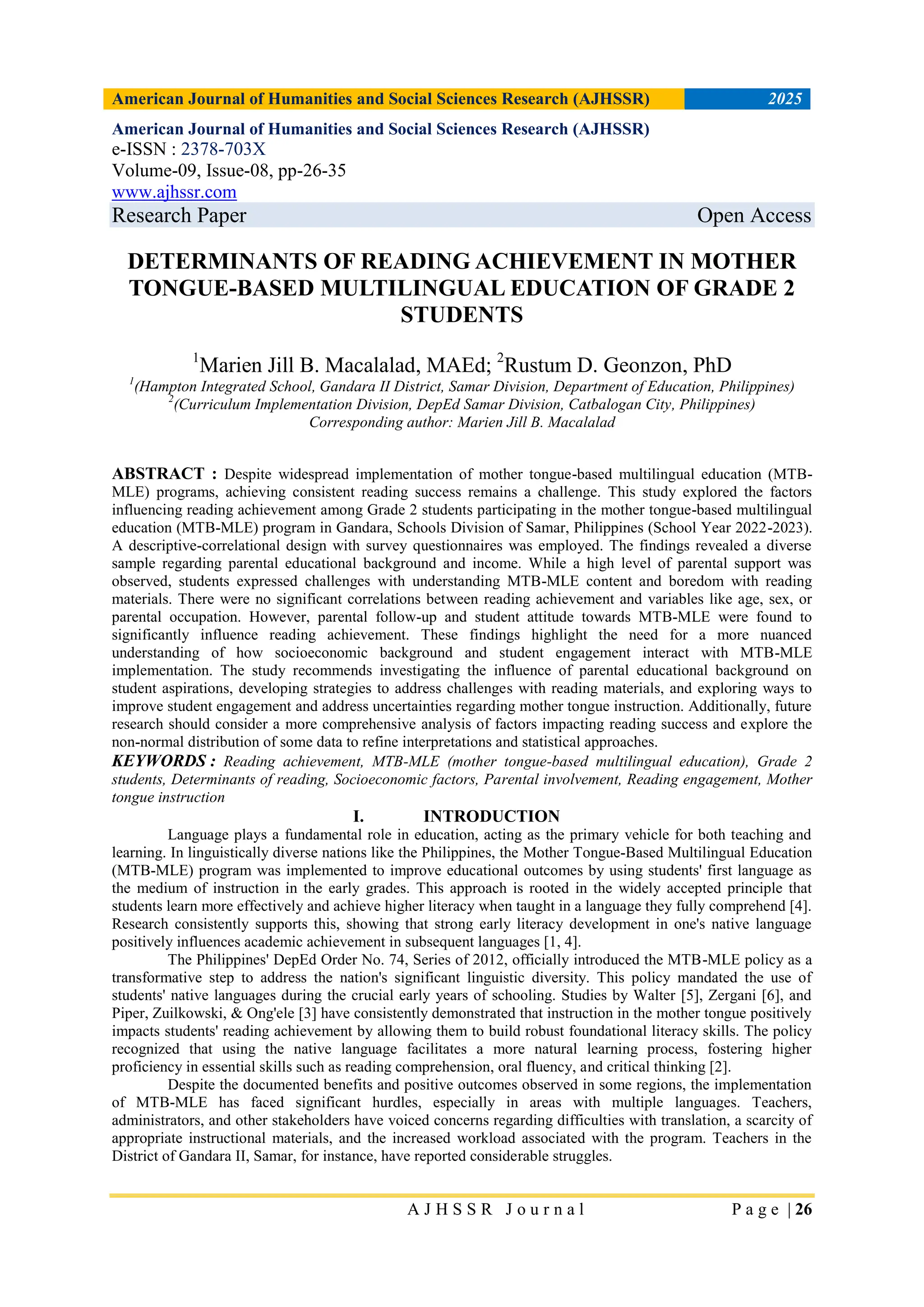 DETERMINANTS OF READING ACHIEVEMENT IN MOTHER TONGUE-BASED MULTILINGUAL ...