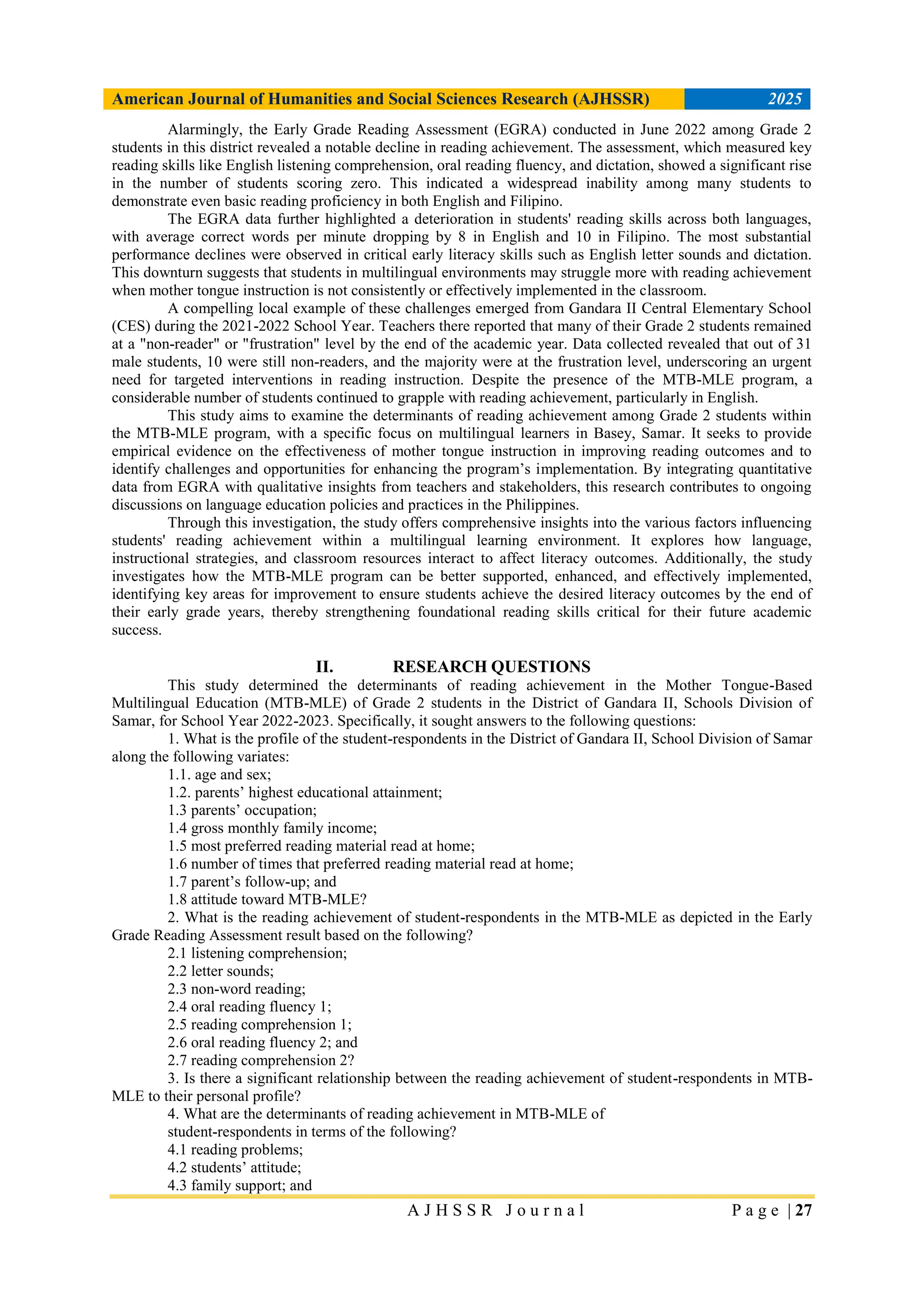 DETERMINANTS OF READING ACHIEVEMENT IN MOTHER TONGUE-BASED MULTILINGUAL ...