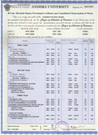 Marks memo of B.com degree | PDF