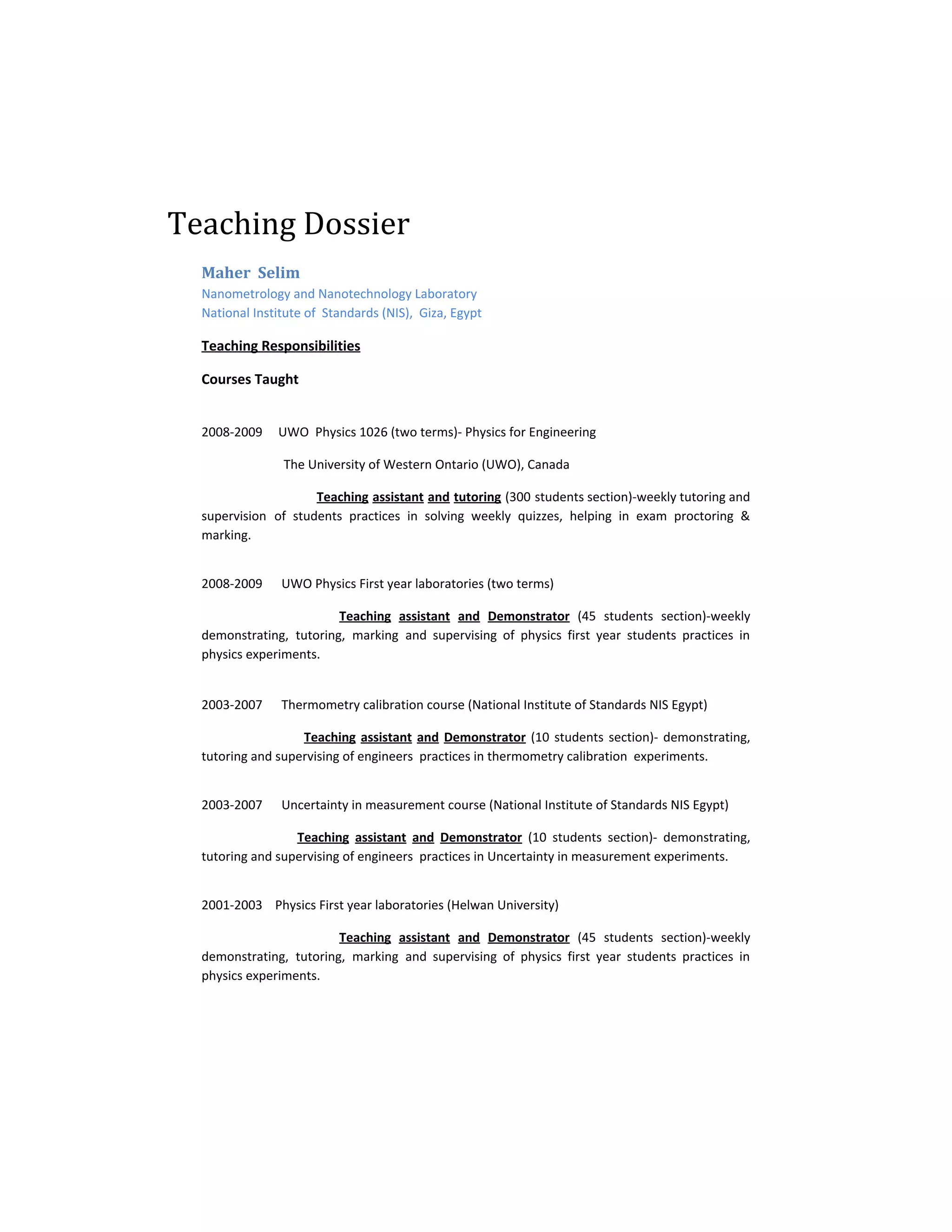 Teaching Dossier | PDF
