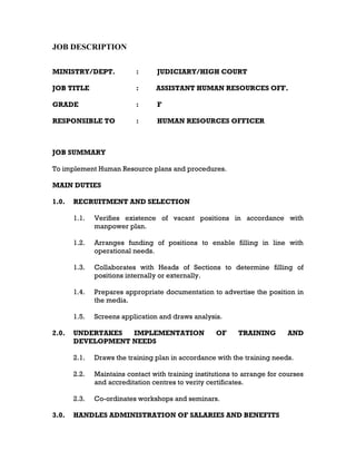 JOB DESCRIPTION - ASSISTANT HUMAN RESOURCES OFFICER | DOC