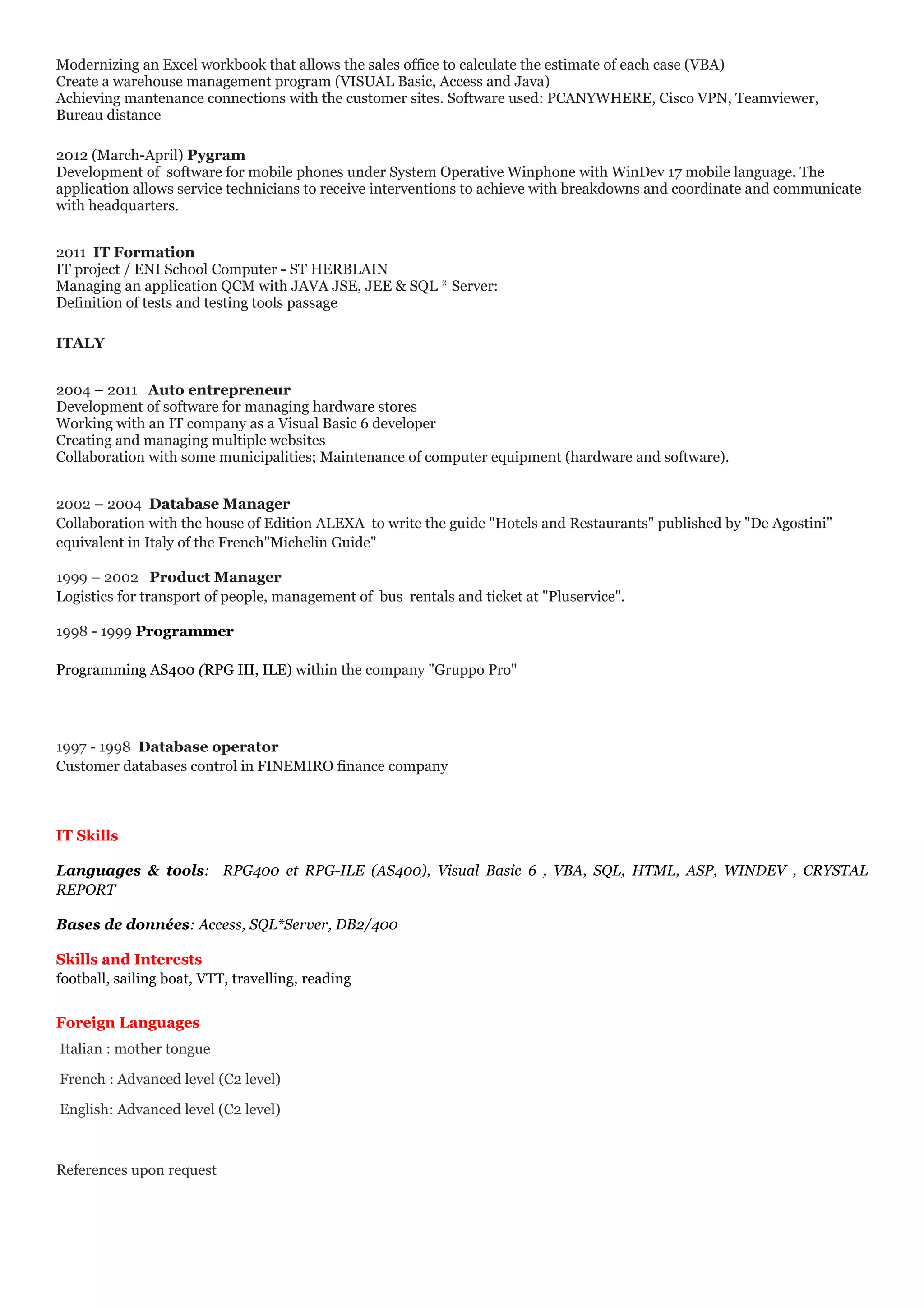 CV PaoloENG | DOC | Databases | Computer Software and Applications