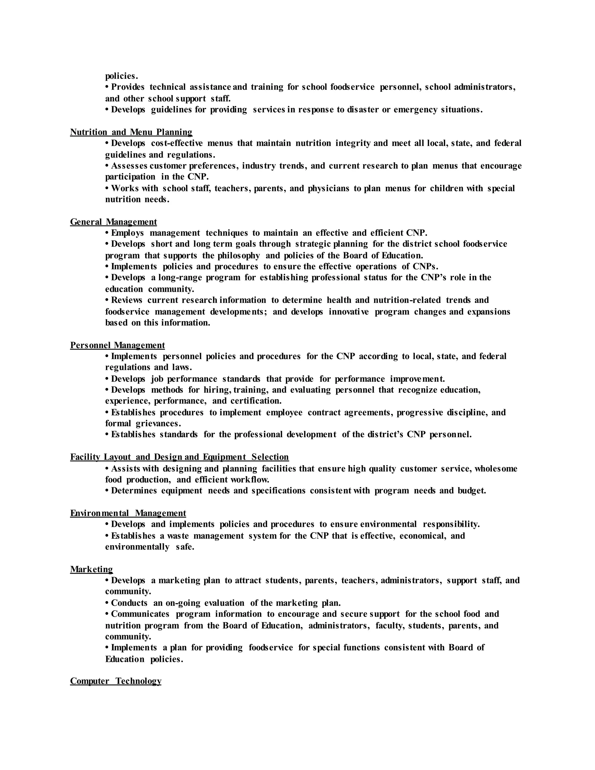 CURRENT JOB DESCRIPTION AS SCHOOL NUTRITION DIRECTOR | DOCX