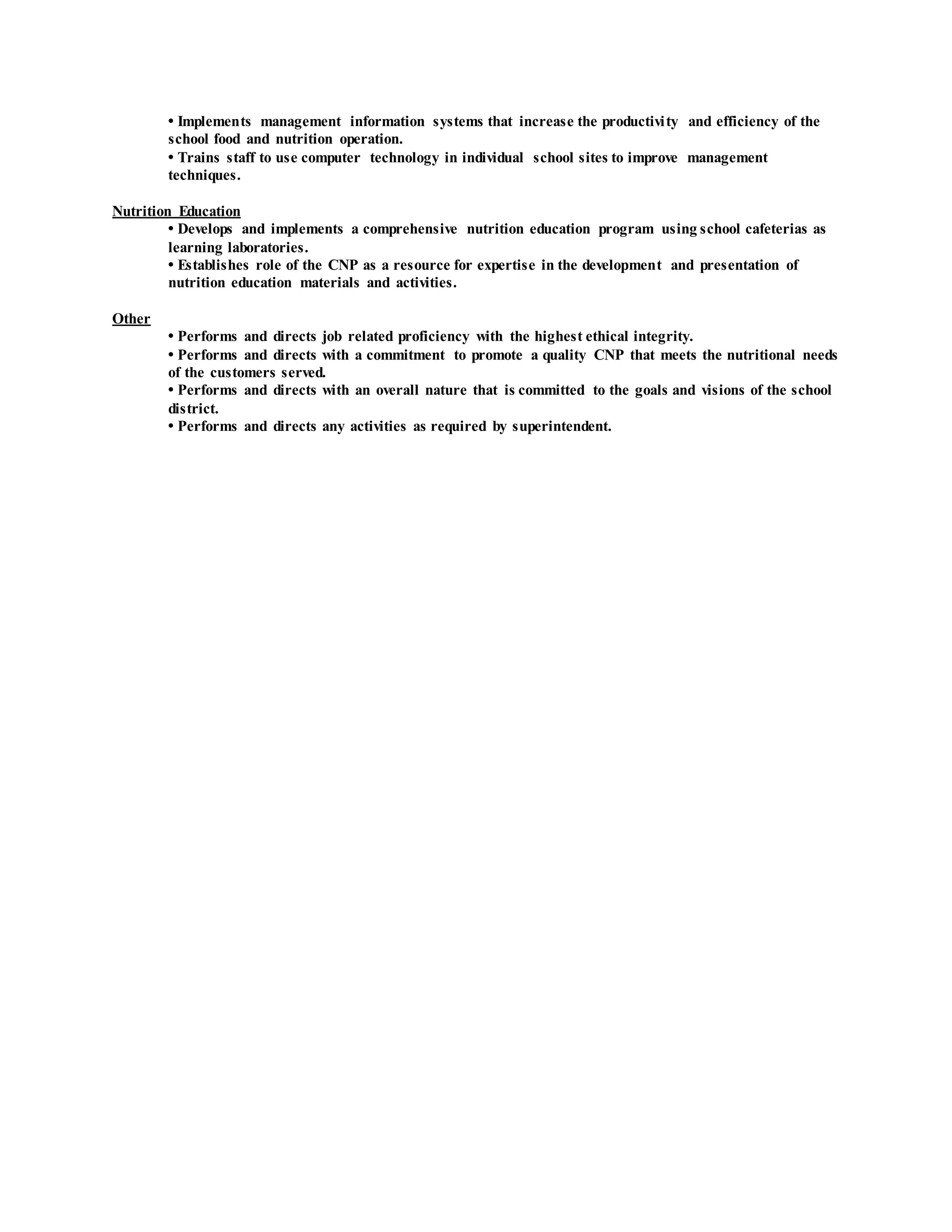 CURRENT JOB DESCRIPTION AS SCHOOL NUTRITION DIRECTOR | DOCX