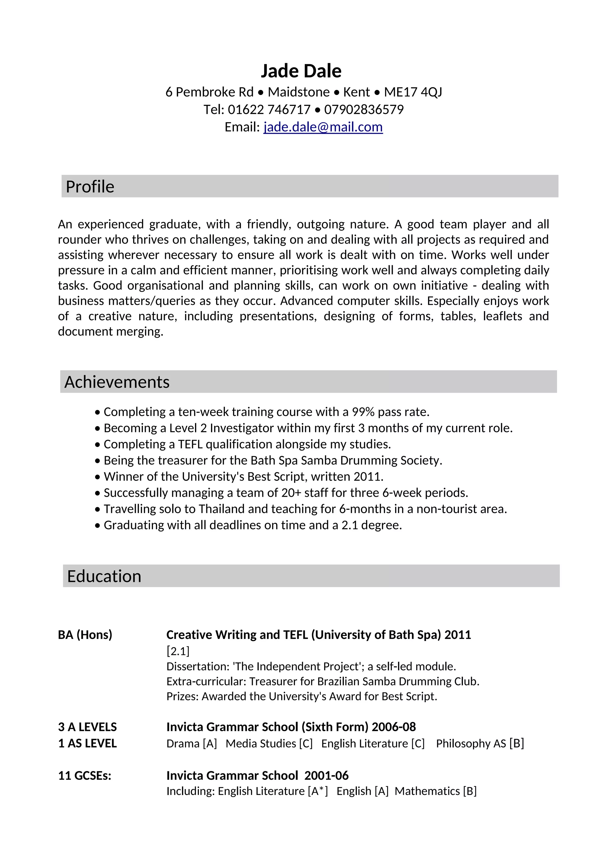 Jade Dale CV | PDF