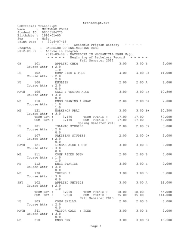 Ahmed Transcript | PDF | Undergraduate Education | College Education